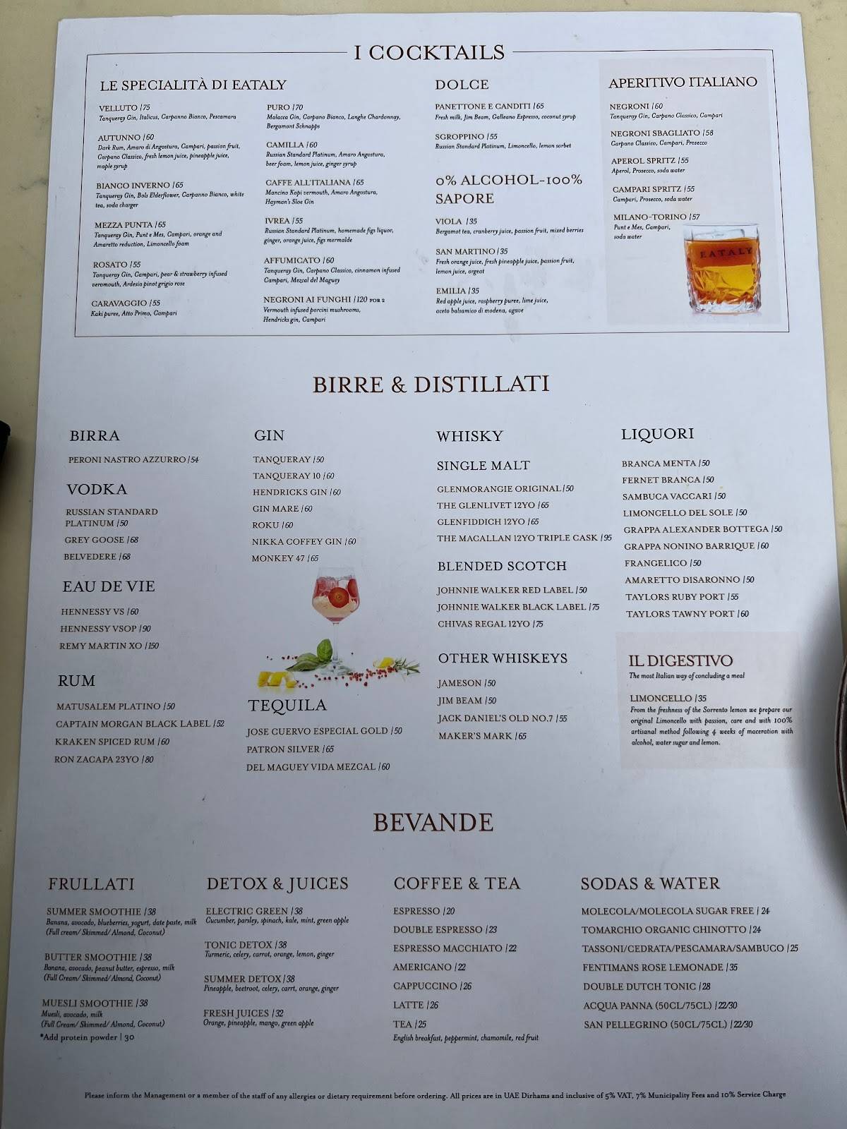 Carta del restaurante Eataly at The Beach Dubai, Dubai