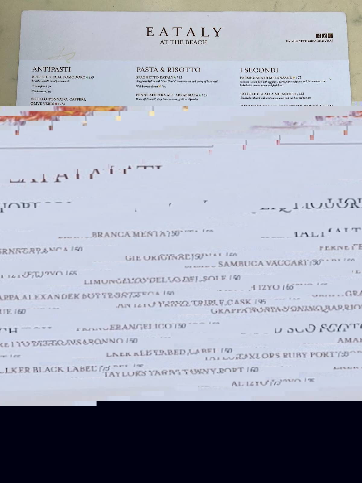Carta del restaurante Eataly at The Beach Dubai, Dubai
