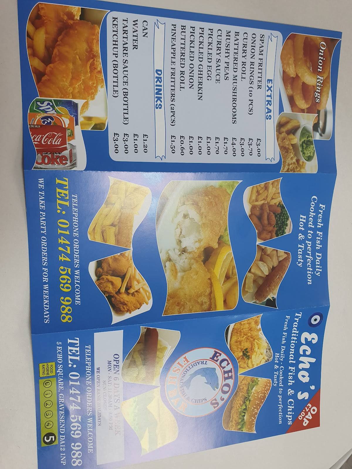 Menu at Echo's Fish & Chips restaurant, Gravesend