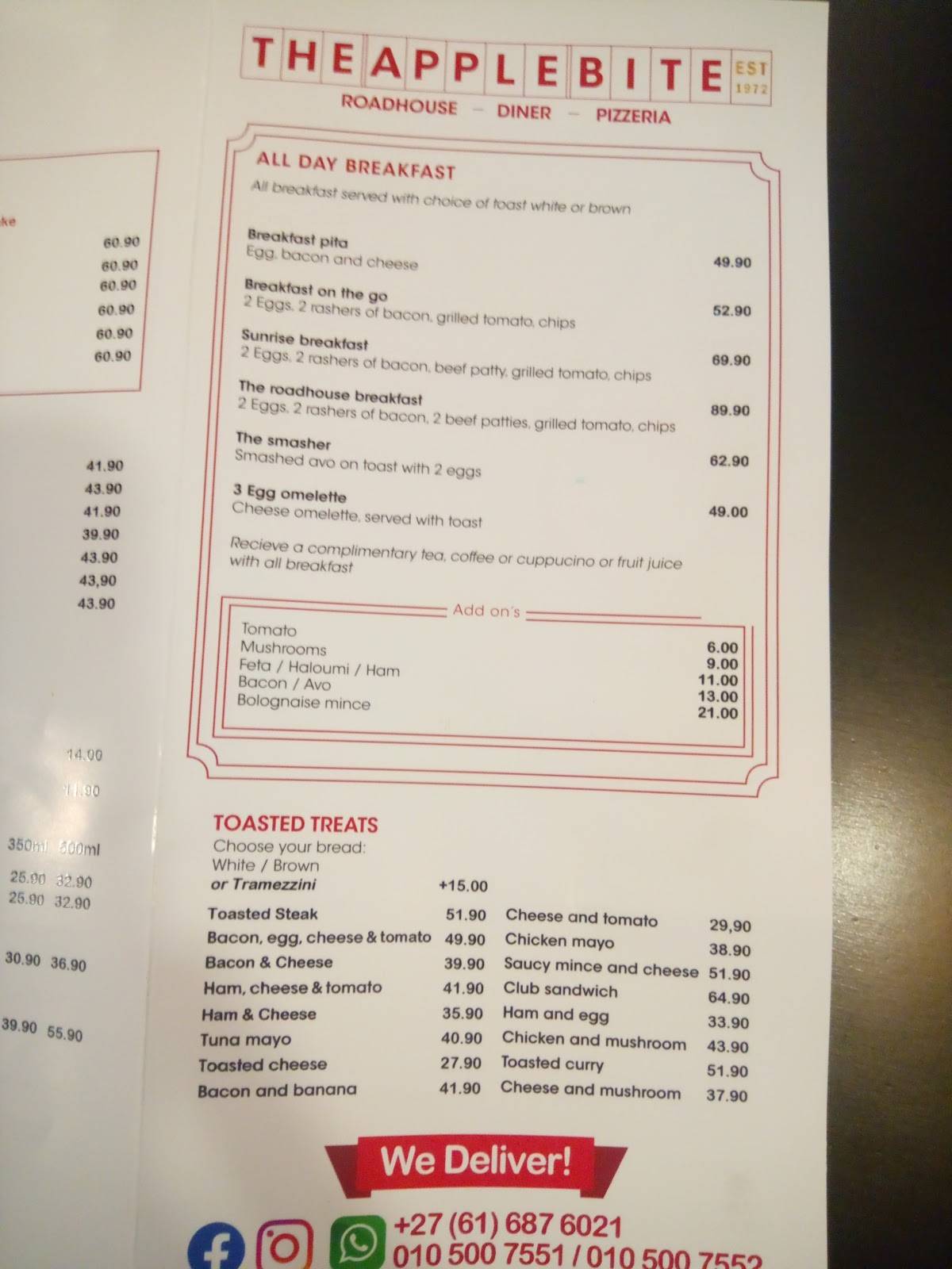 Menu at The Apple Bite restaurant, Edenvale