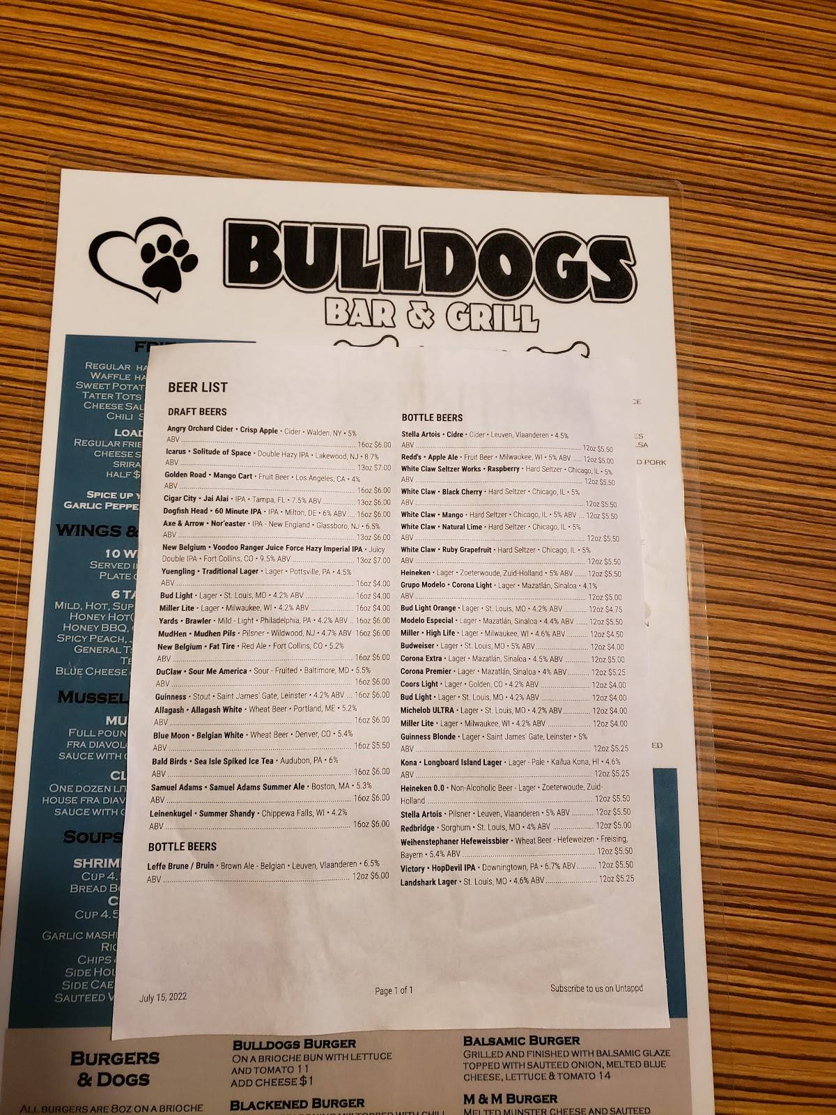 Menu at Bulldogs Bar & Grill, Egg Harbor City, 743 W White Horse Pike