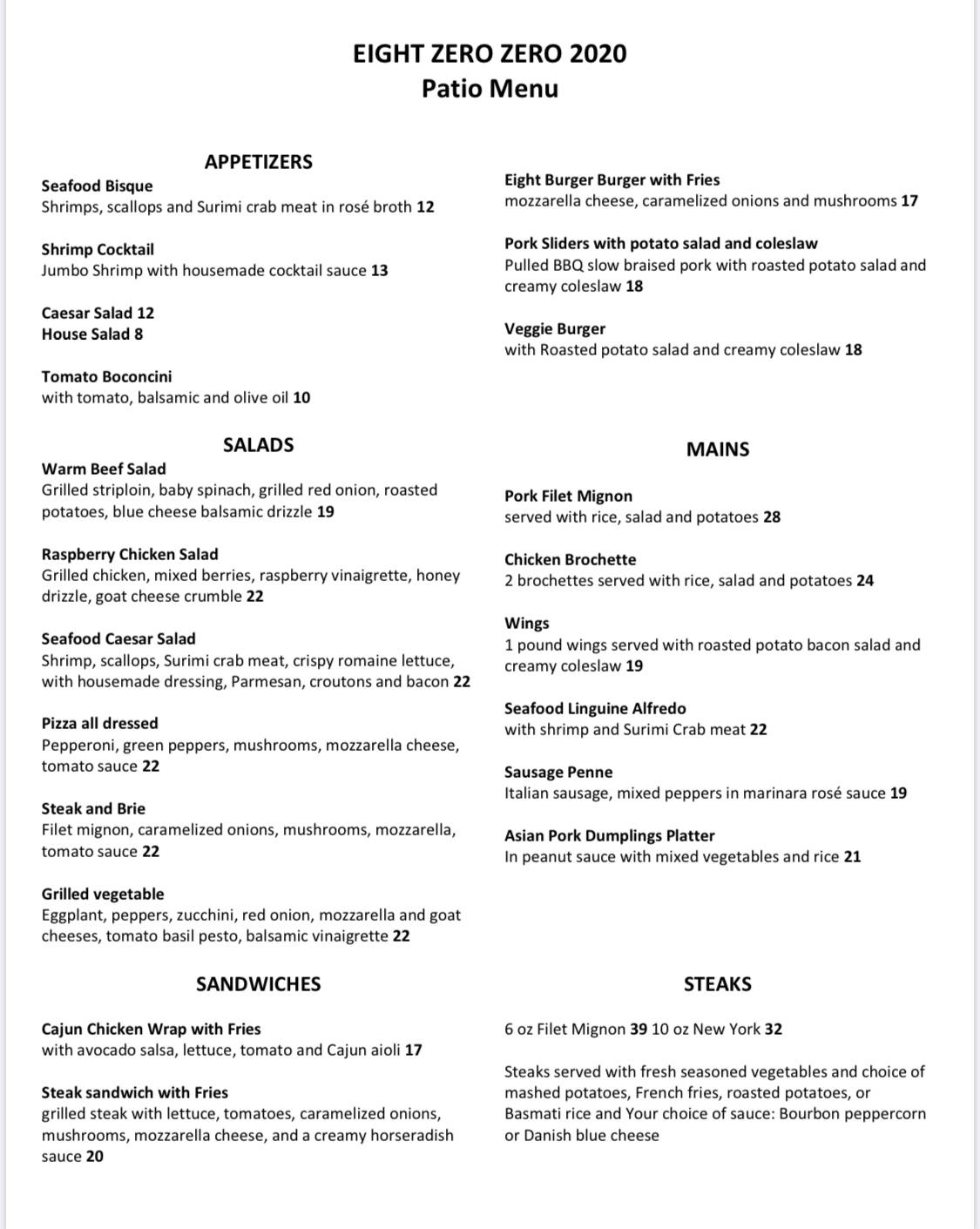 Menu at Eight Zero Zero Resto Lounge restaurant, Cornwall, 903 ...