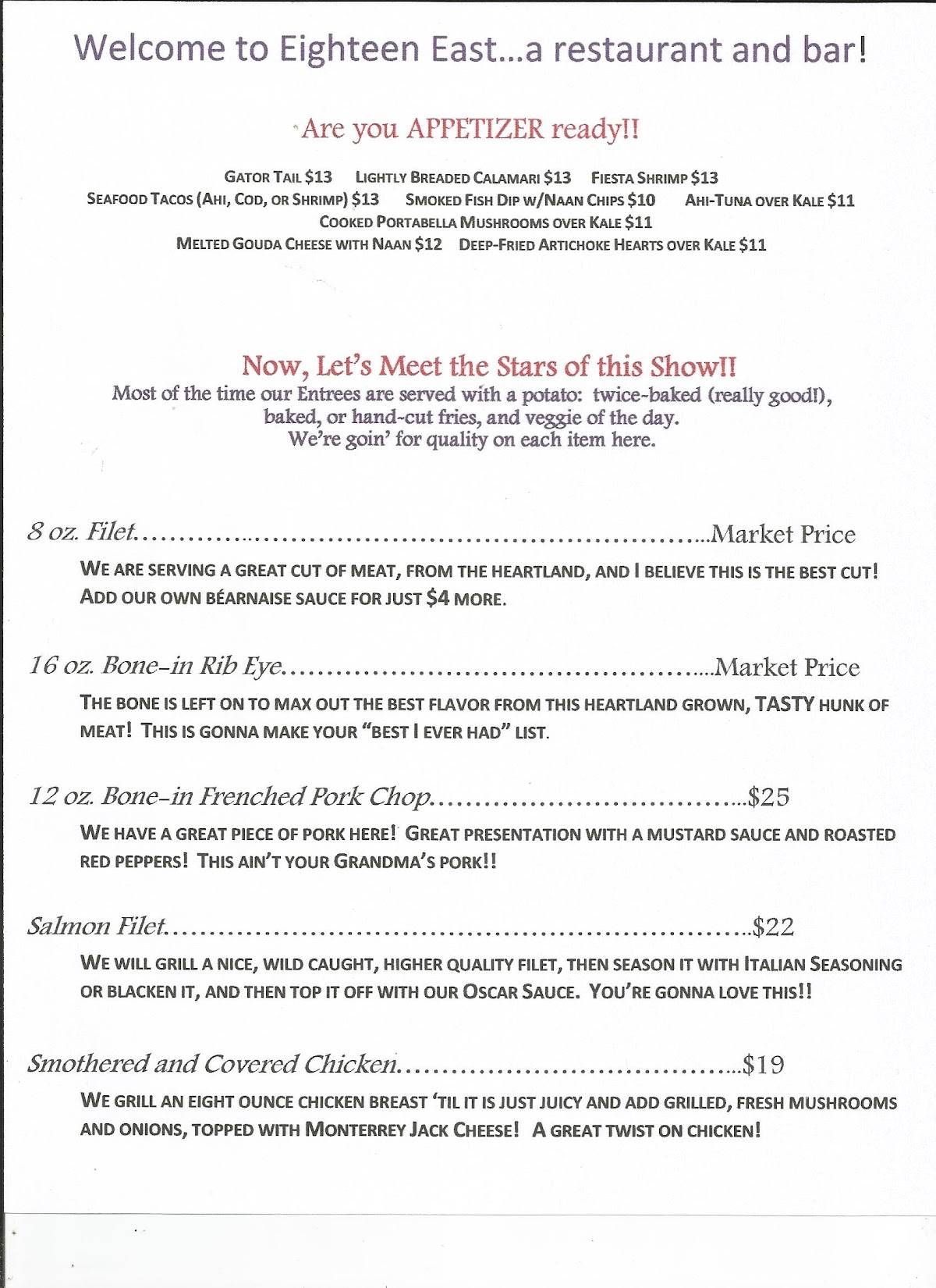 Menu at Eighteen East Restaurant, Avon Park