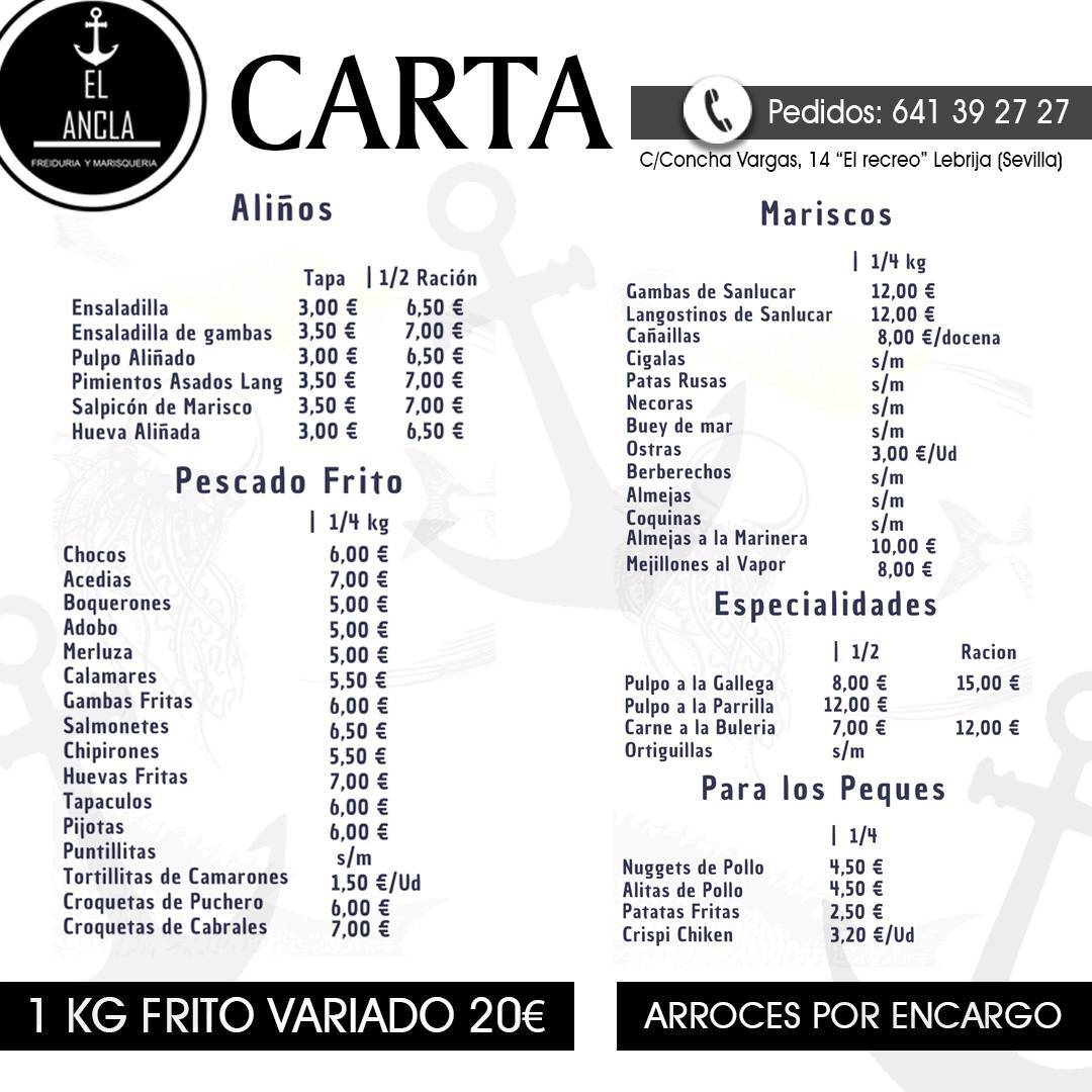 Carta del restaurante El Ancla Freiduría y Marisquería, Lebrija