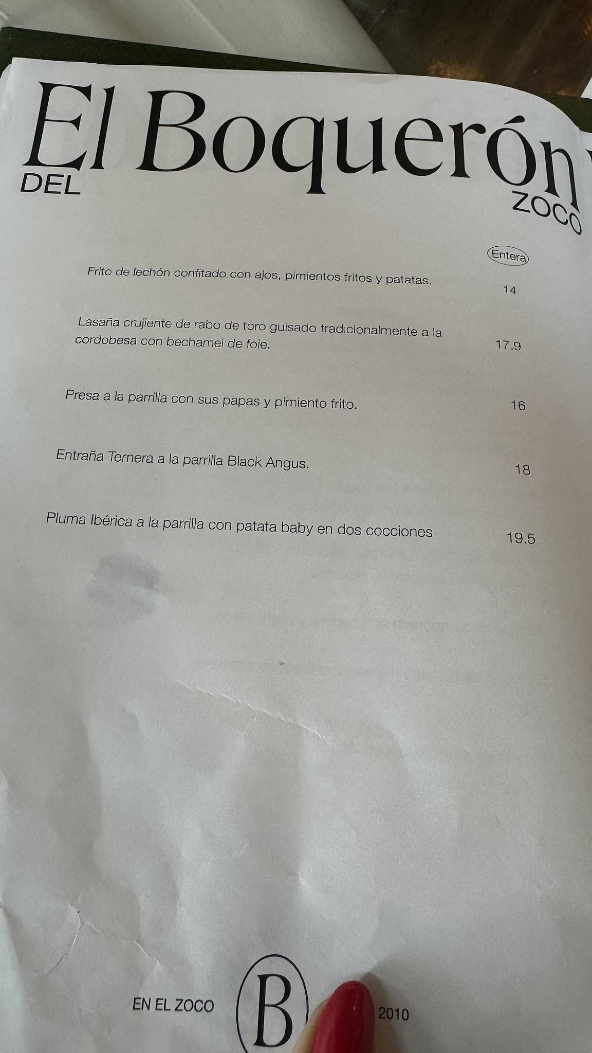 Carta del pub y bar El Boquerón, Córdoba, Av. del Manolete