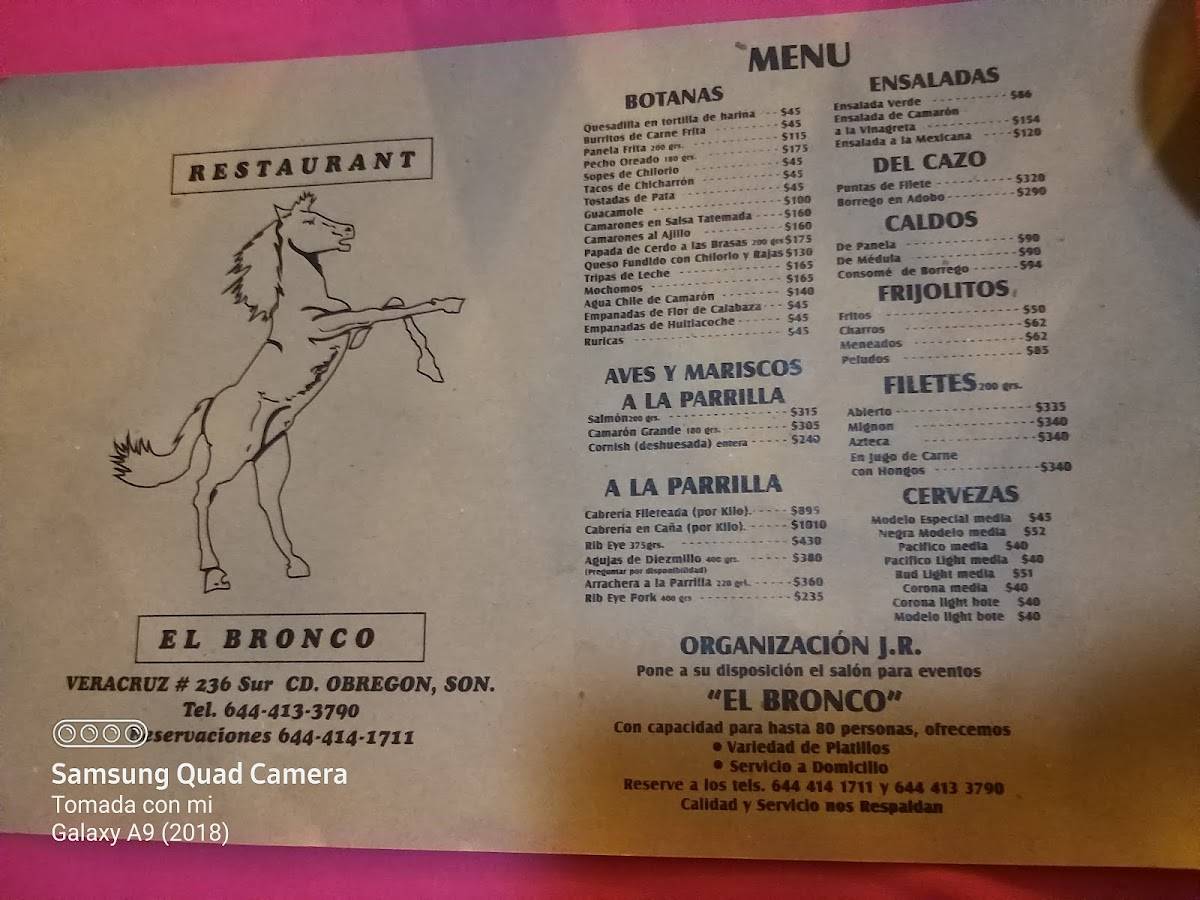 Carta de parrilla El Bronco, Ciudad Obregón