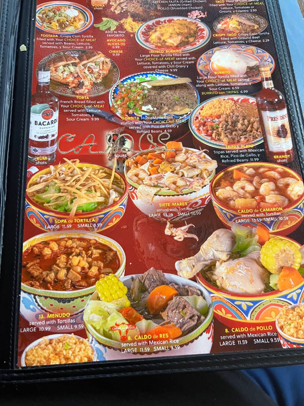 Menu at El Charro restaurant, Lubbock