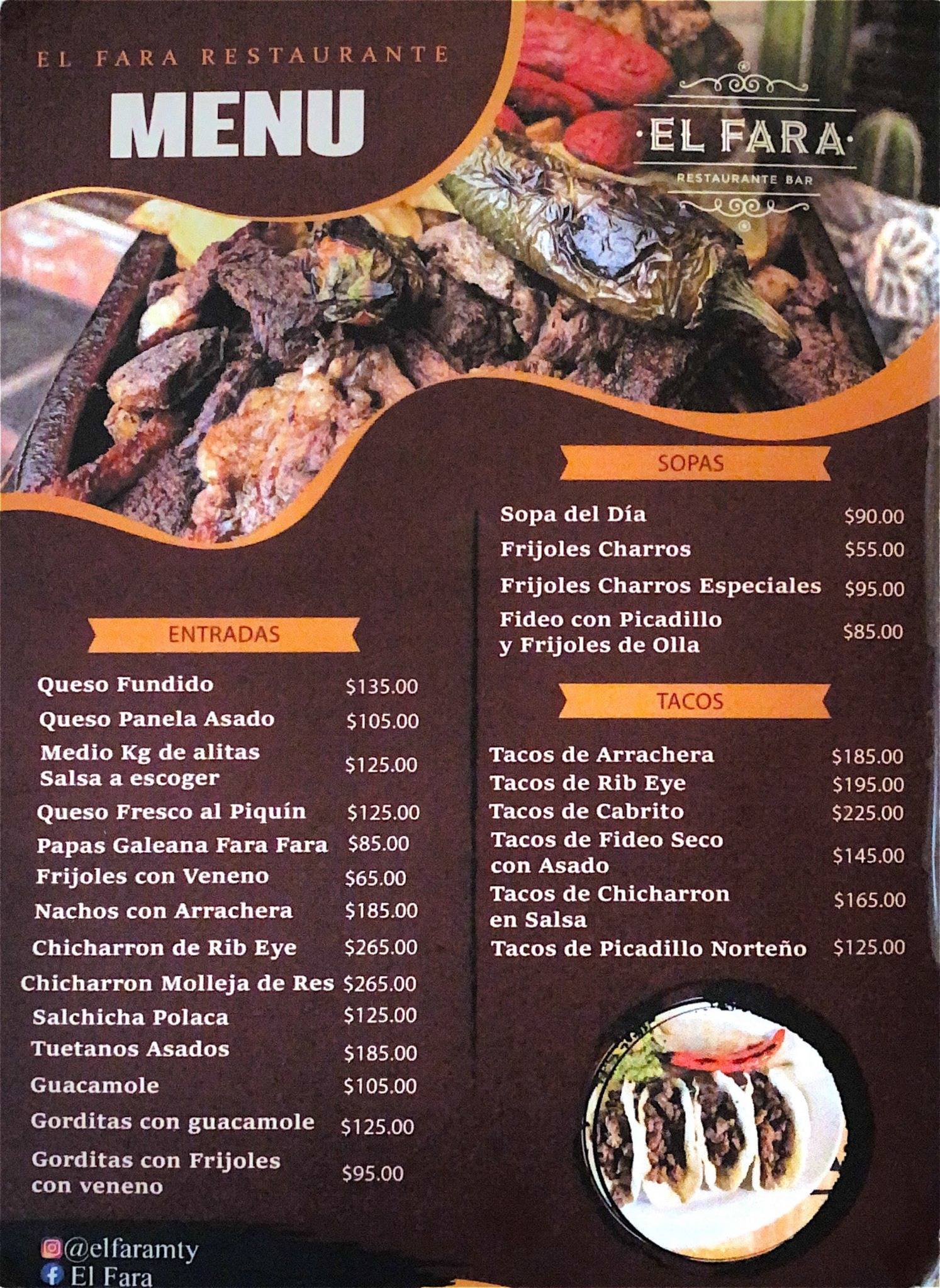 Carta de El Fara Fara Restaurante & Cantina, Monterrey