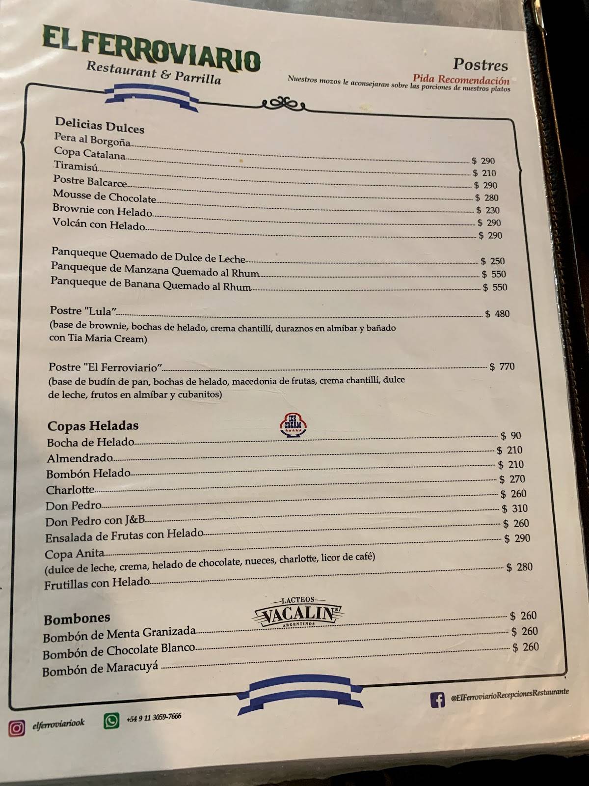 Carta del restaurante El Ferroviario, Buenos Aires