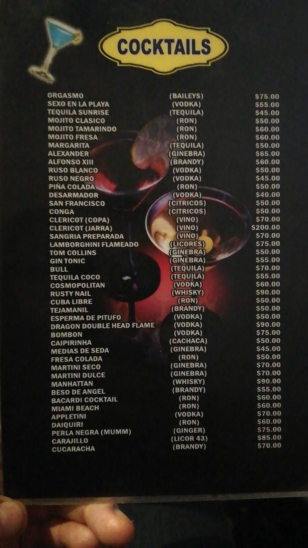 Carta del pub y bar El Fortín, Orizaba