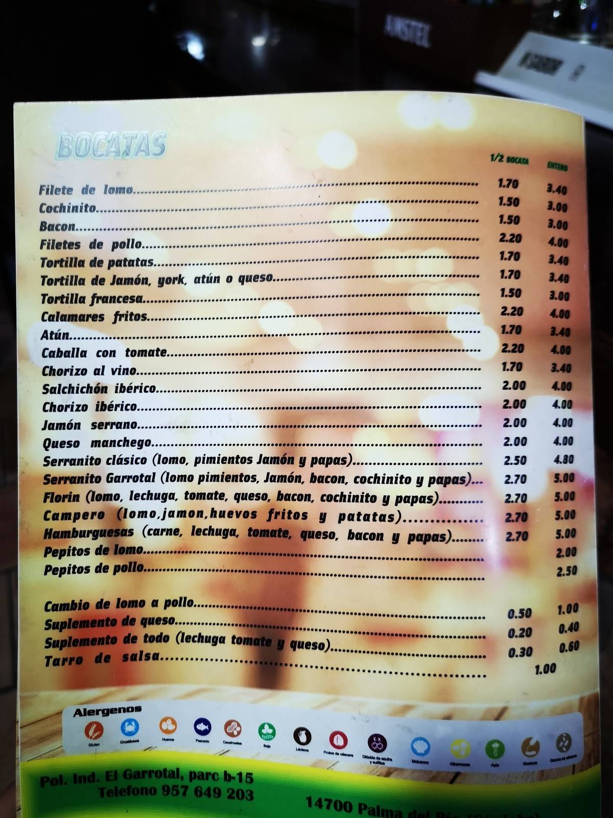 Carta de El Garrotal Restaurante, Palma del Río