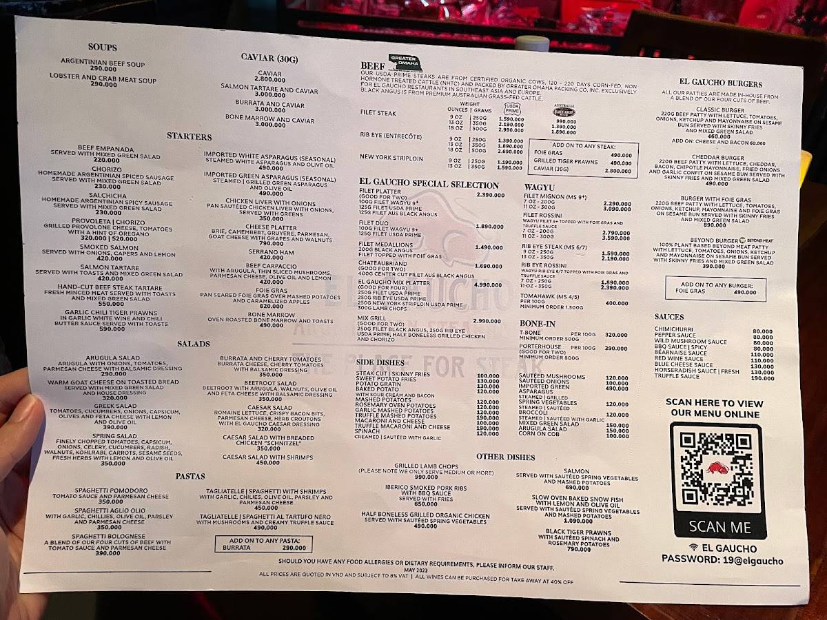 Menu at El Gaucho Tay Ho steakhouse, Hanoi