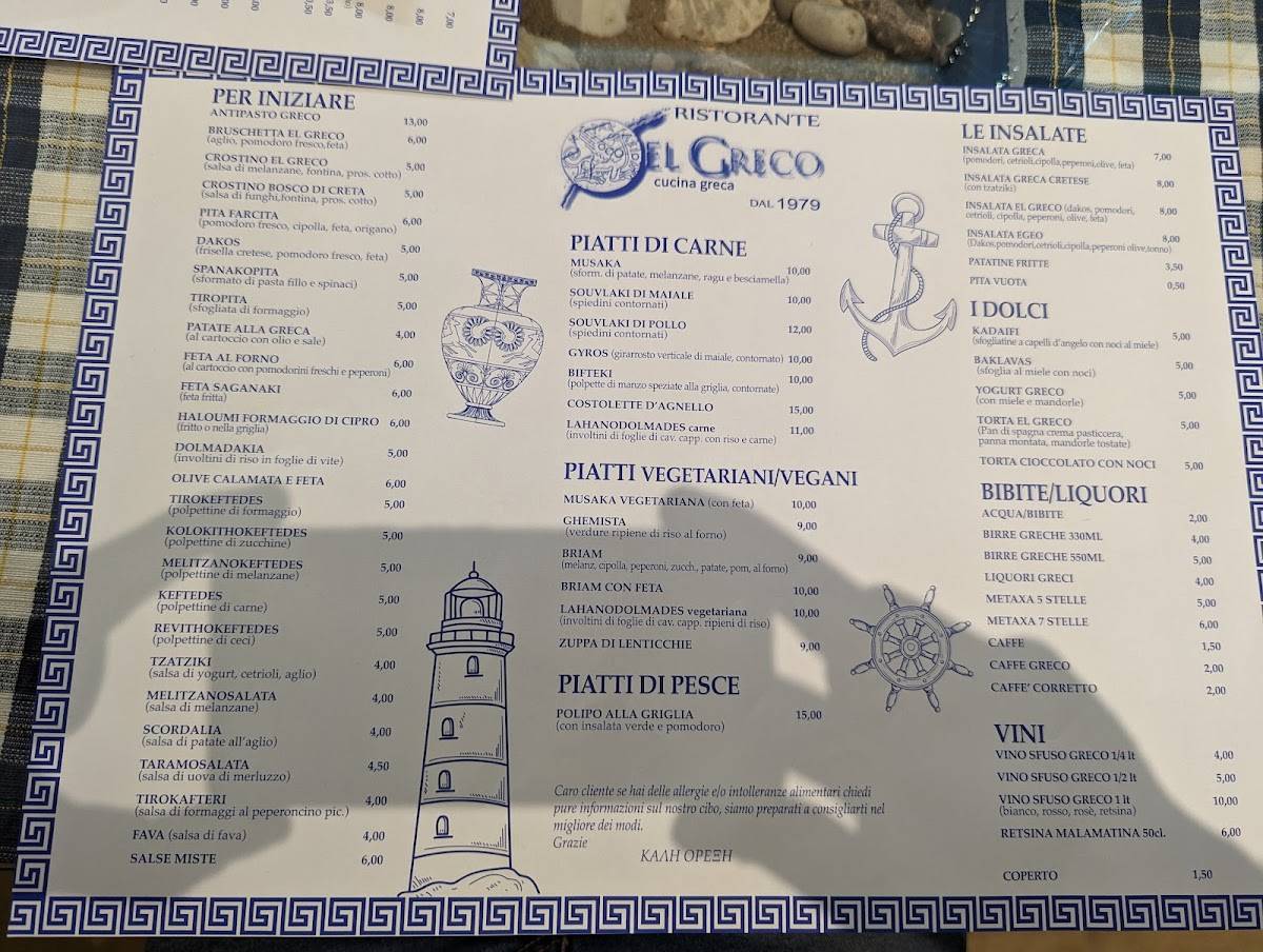 Carta de El Greco Restaurant, Bolonia