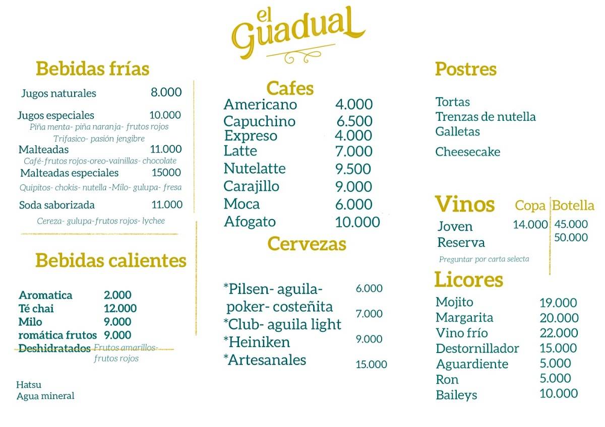 Carta del pub y bar El Guadual jerico, Jericó