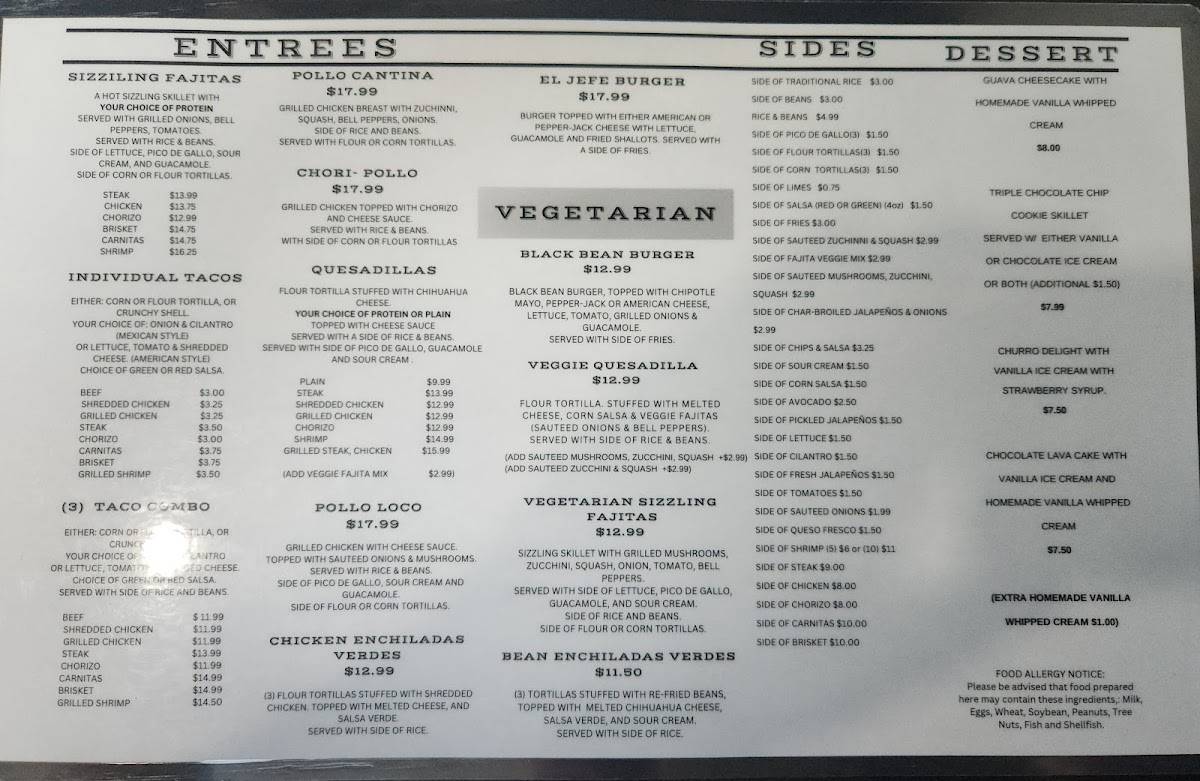 Menu at El Jefe Cantina Mexican Restaurant & Bar, Fisher