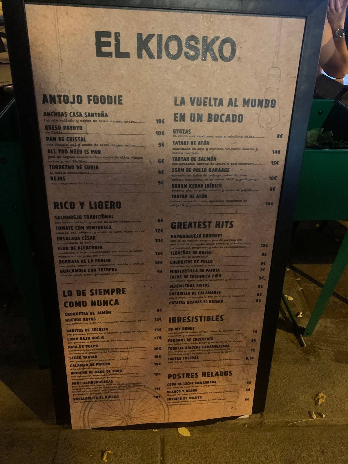 Carta del restaurante El Kiosko Retiro, Madrid