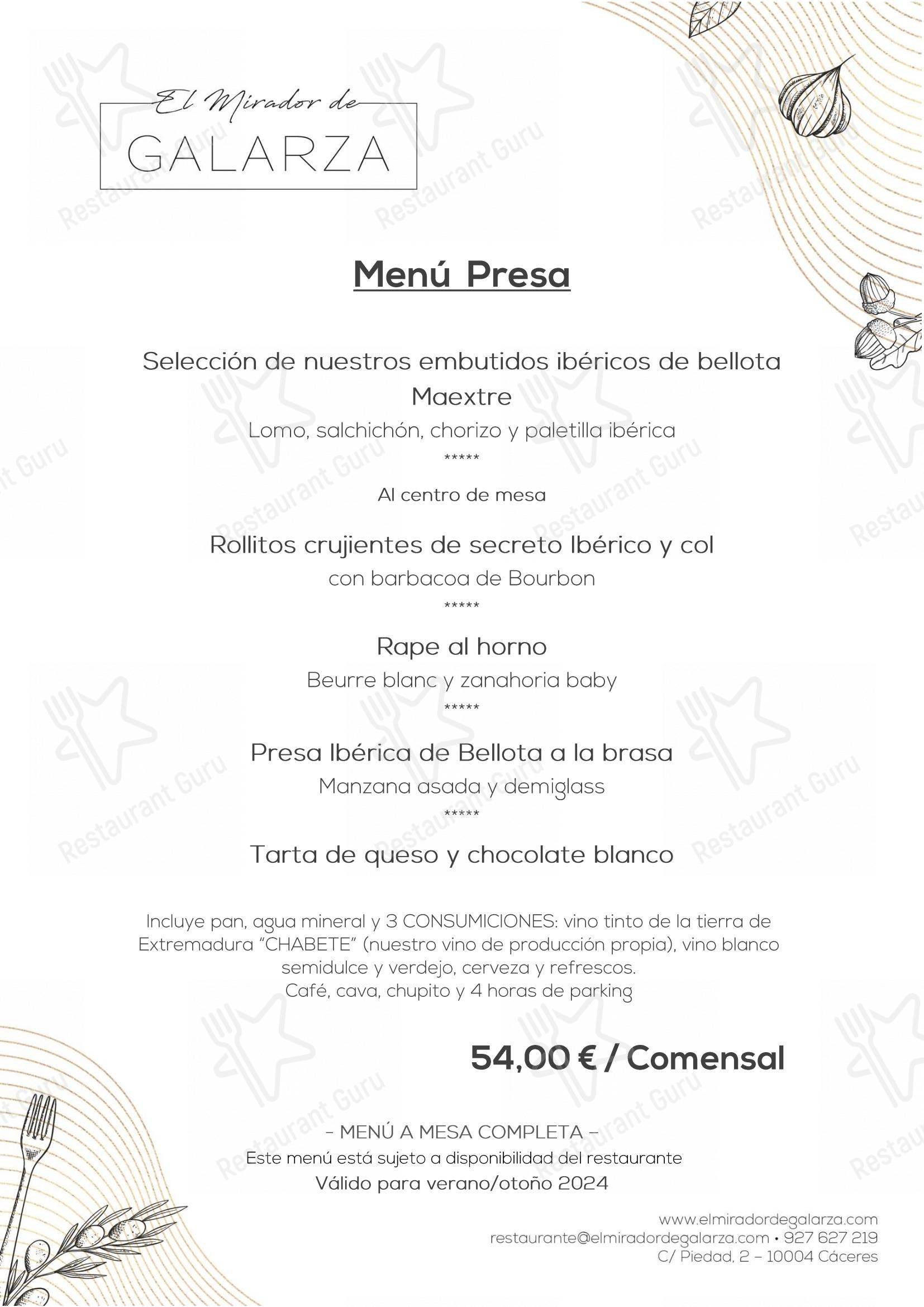 Carta de Parrilla El Mirador de Galarza, Cáceres