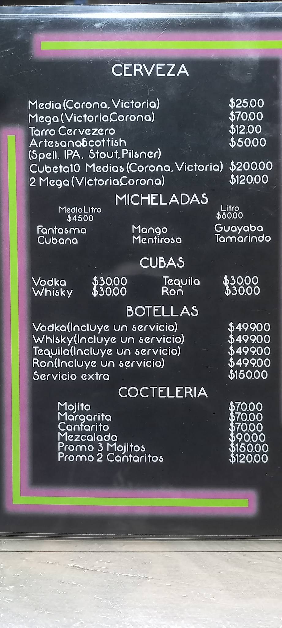 Carta del pub y bar El Moreliano Mi Chelero, Morelia