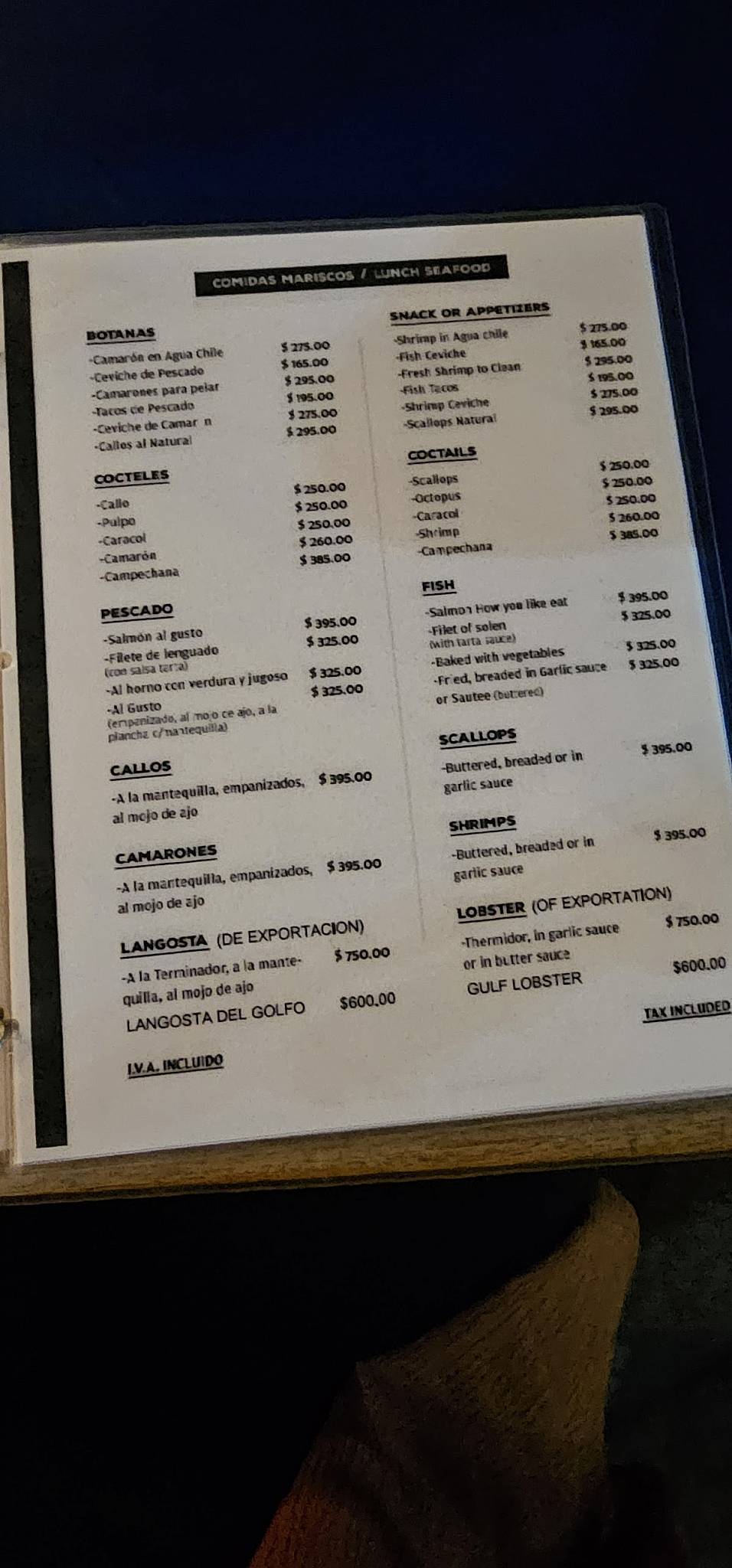 Carta del restaurante El Muelle, Santa Rosalía