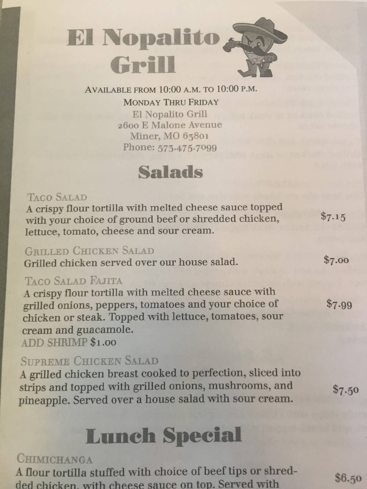 Menu at El Nopalito Grill restaurant, Miner