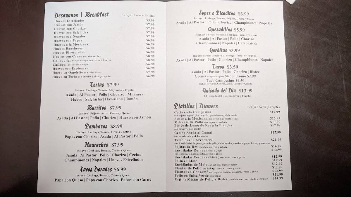 Carta del restaurante El Nuevo Colima, Chicago