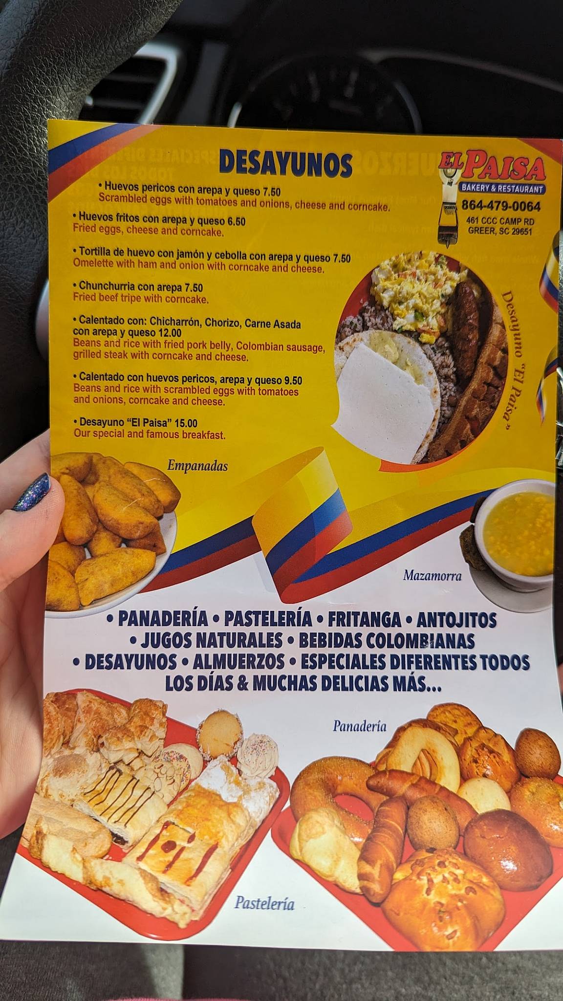 Carta de El Paisa Bakery, Greer