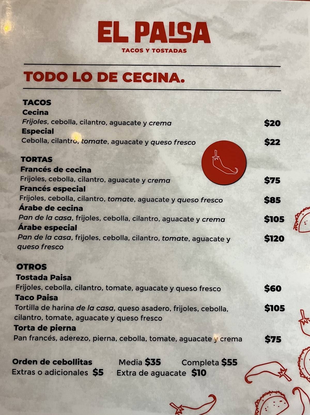 Menu at El Paisa Tacos y Tostadas restaurant, Ciudad Madero