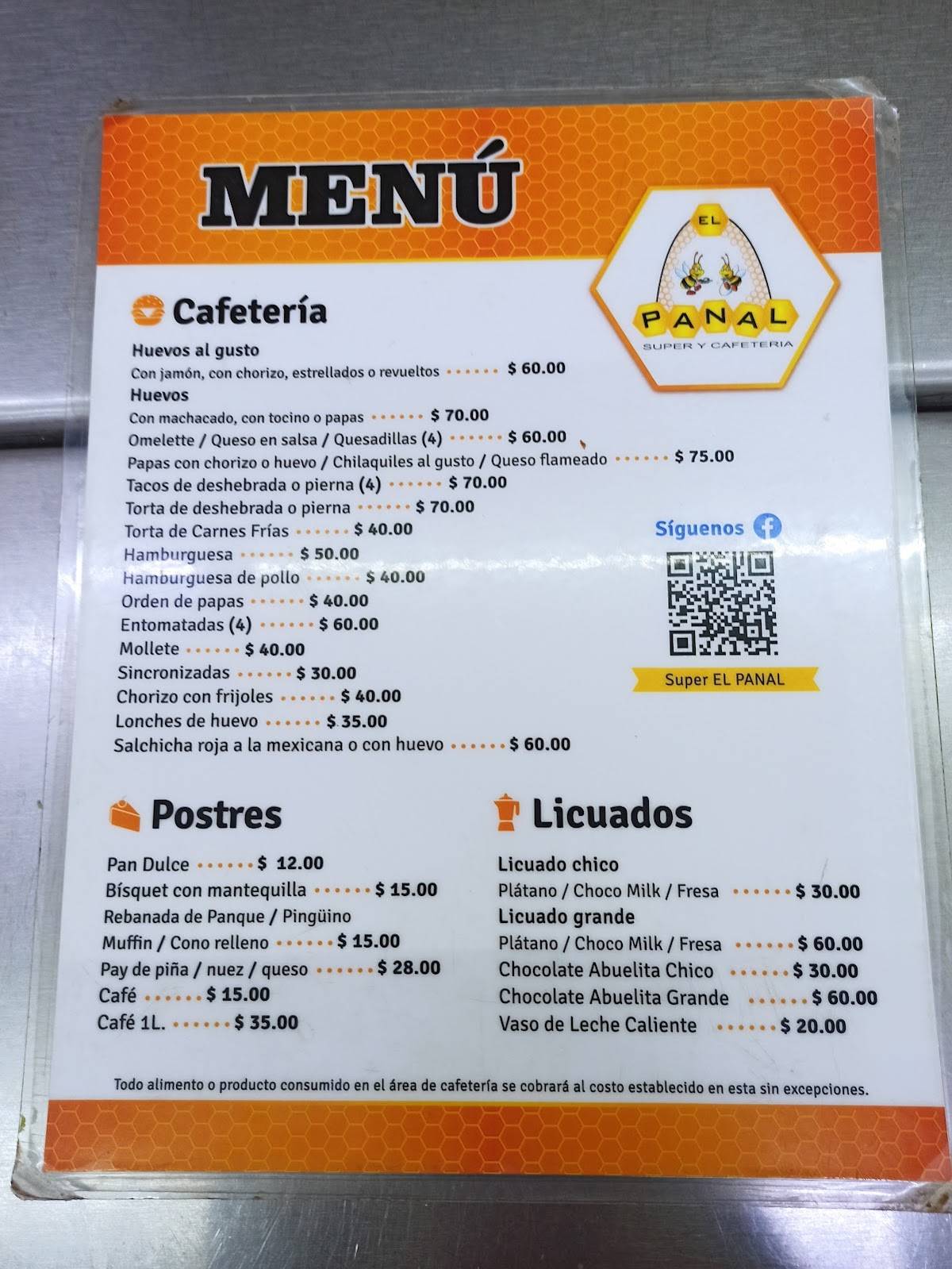 Carta del café El Panal, Monterrey, Av Bernardo Reyes 1824