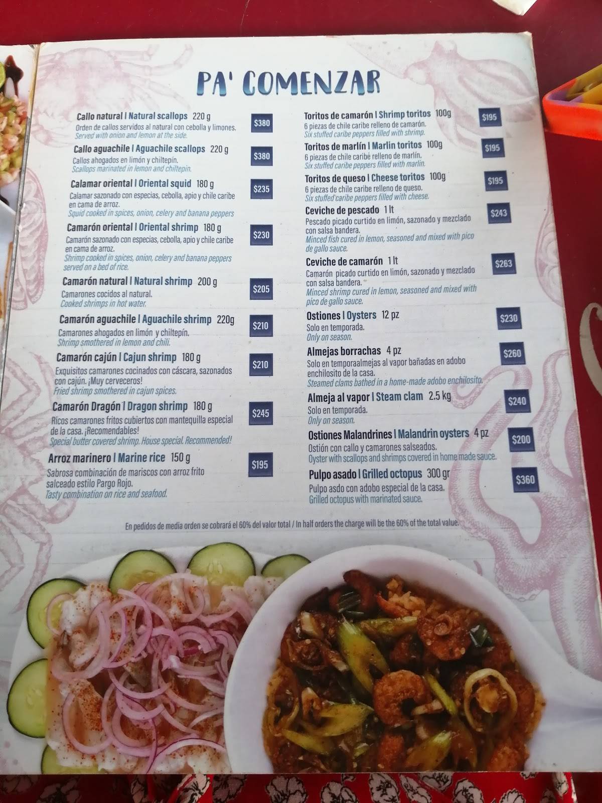 Carta de El Pargo Rojo Restaurant, Bahía de Kino