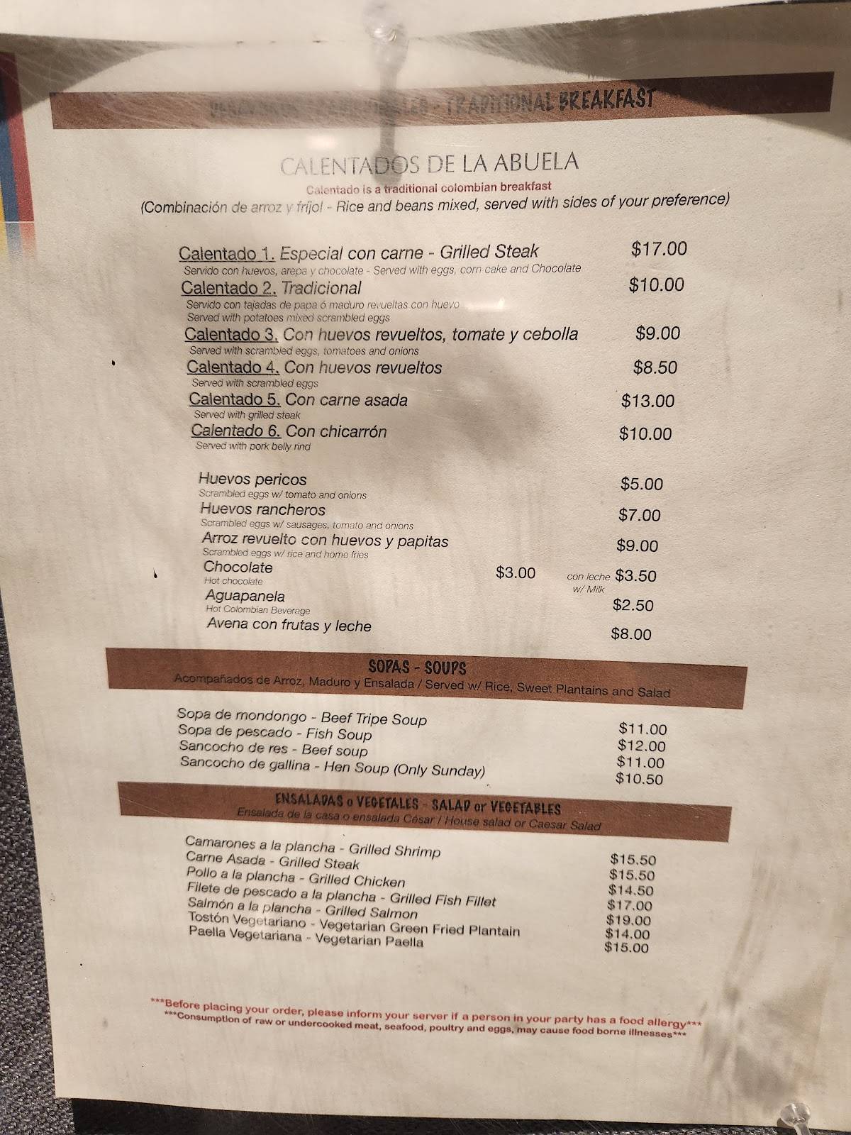 Carta del restaurante El Peñol 3, Brookline