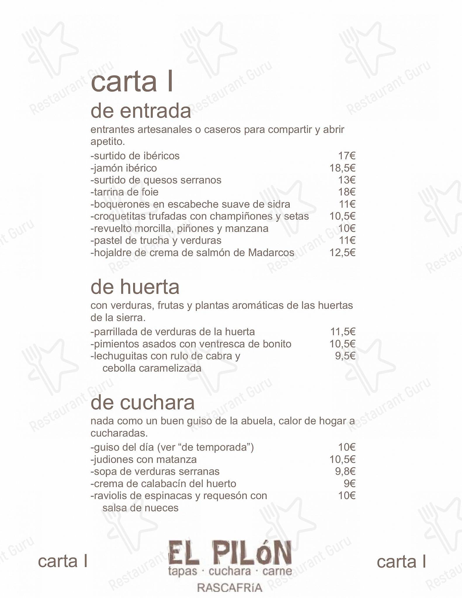Carta de Restaurante El Pilón, Rascafría