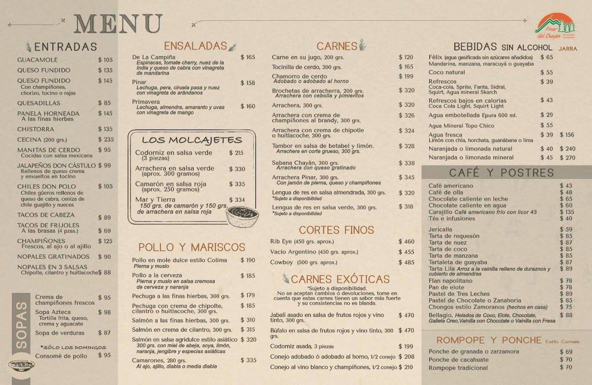 Carta del restaurante El Pinar del Chayán, Tonila, Autopista Colima ...