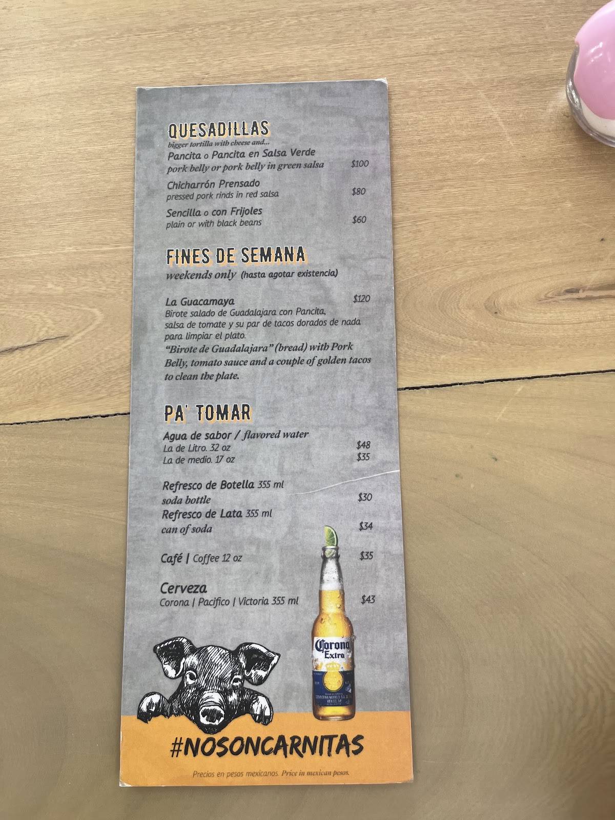 Menu at El Puerco de oro restaurant, Puerto Vallarta