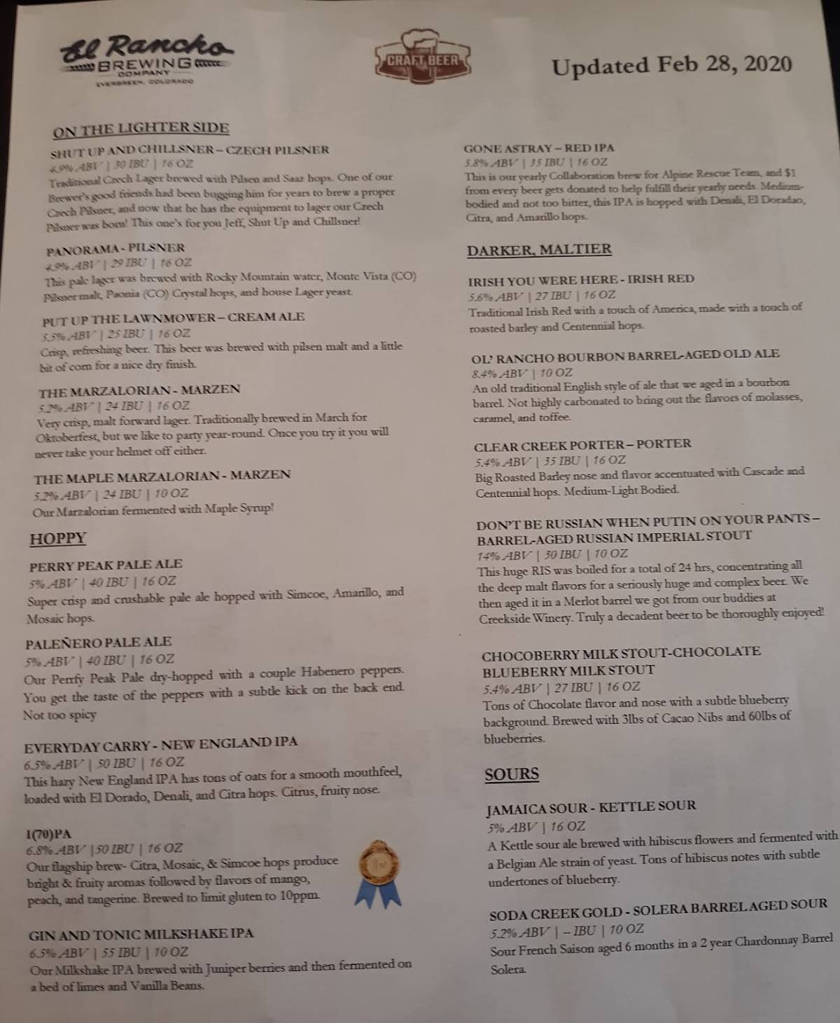 Menu at El Rancho Colorado restaurant, Evergreen