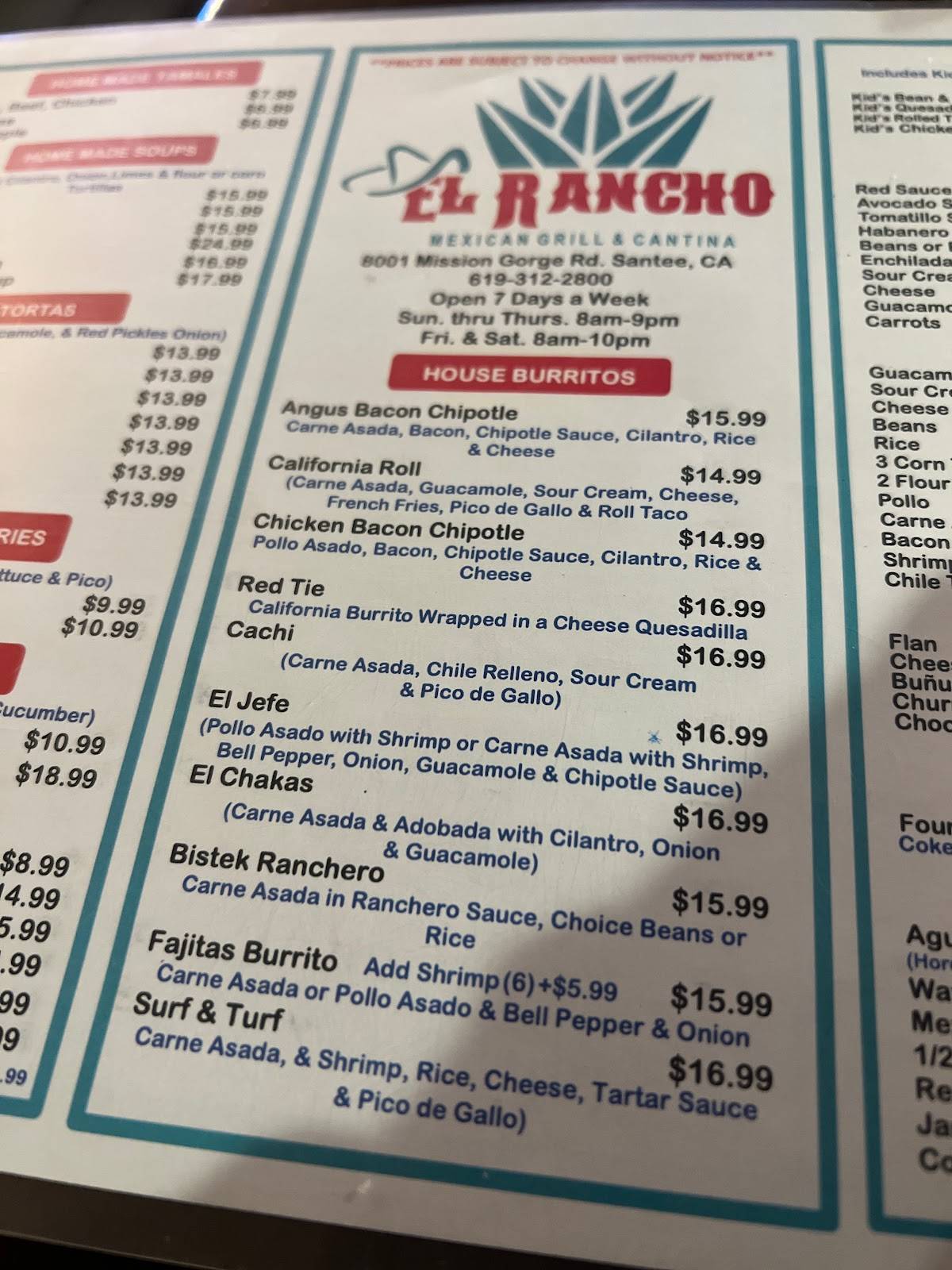 Menu at El Rancho restaurant, Santee