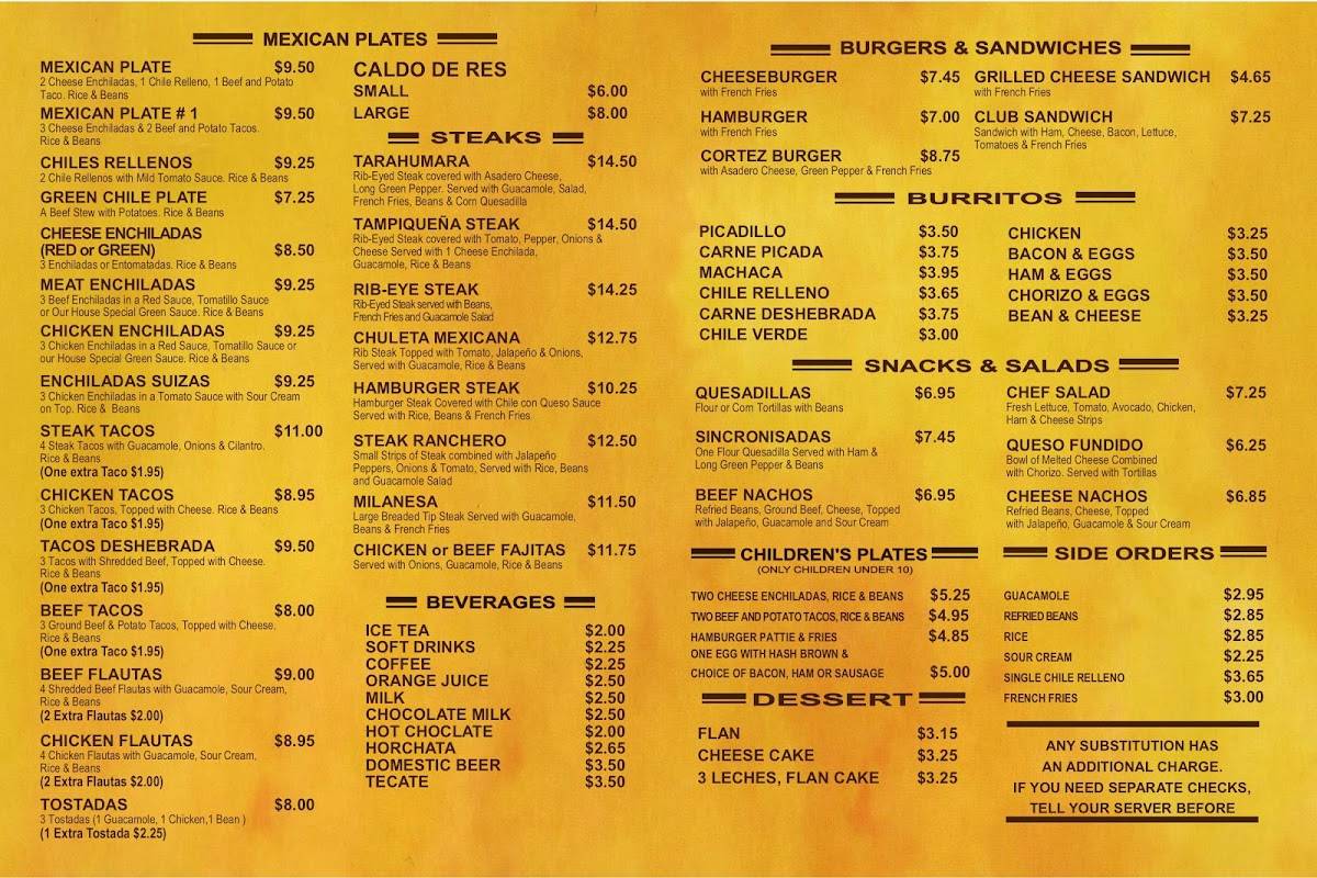 Menu at El Rincon De Cortez restaurant, El Paso, Viscount Blvd