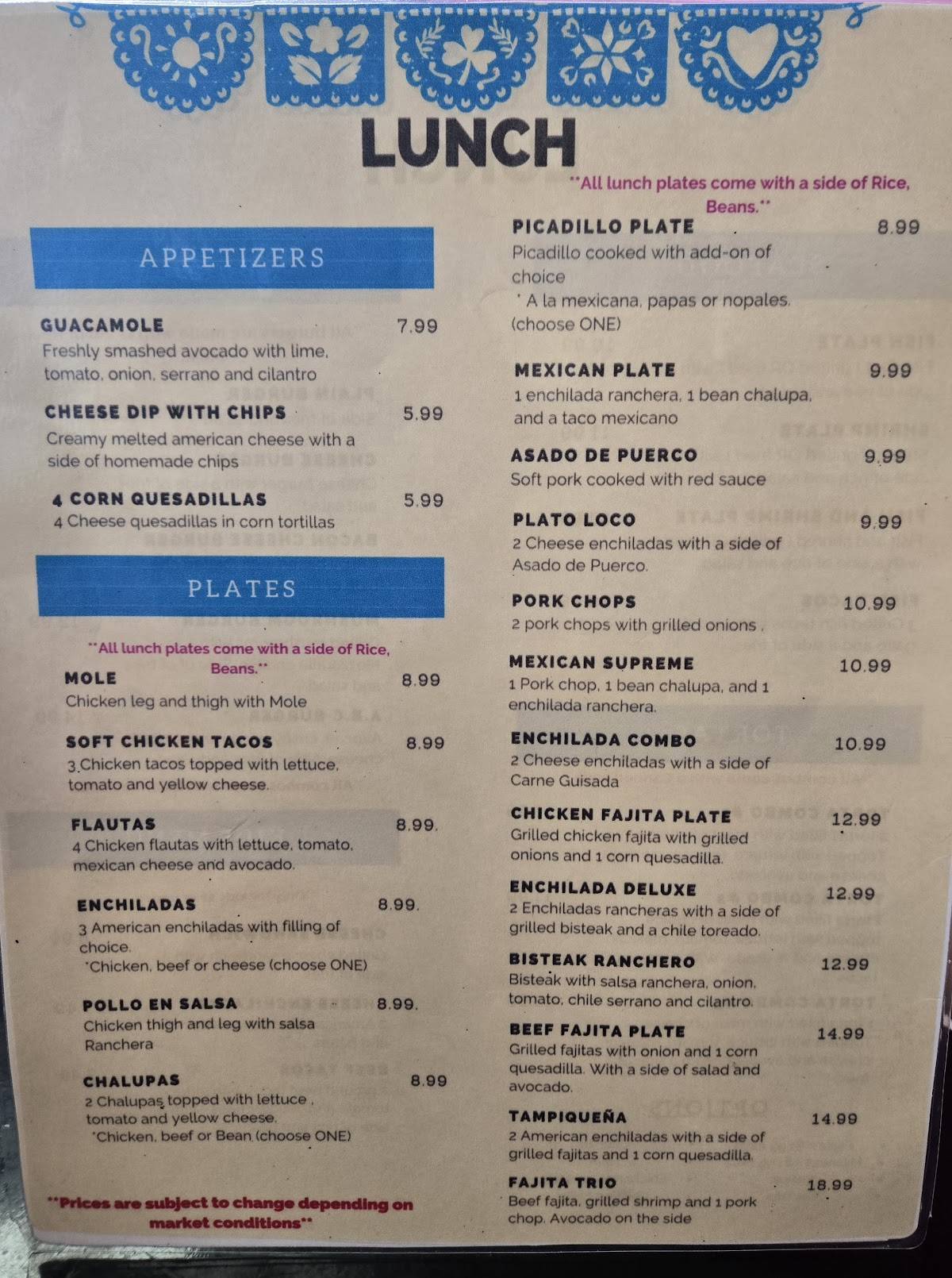 Menu at El Rincon Mexicano restaurant, Harlingen