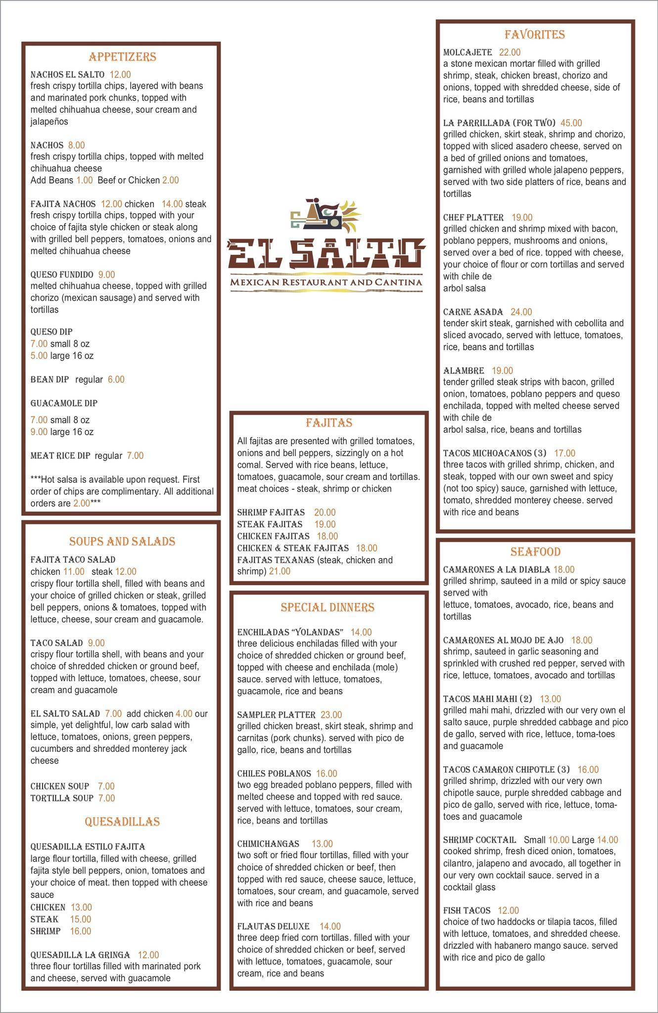 Menu at El Salto Mexican Restaurant, Valparaiso