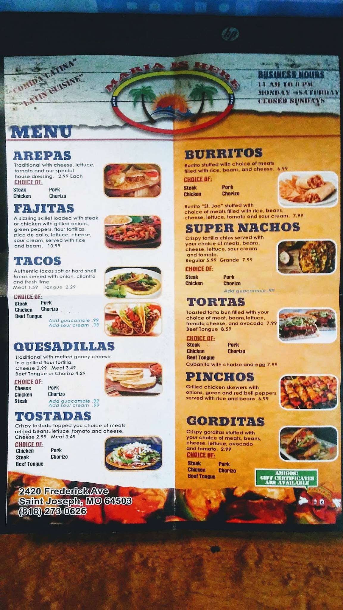 Menu at El Taco H restaurant, Saint Joseph