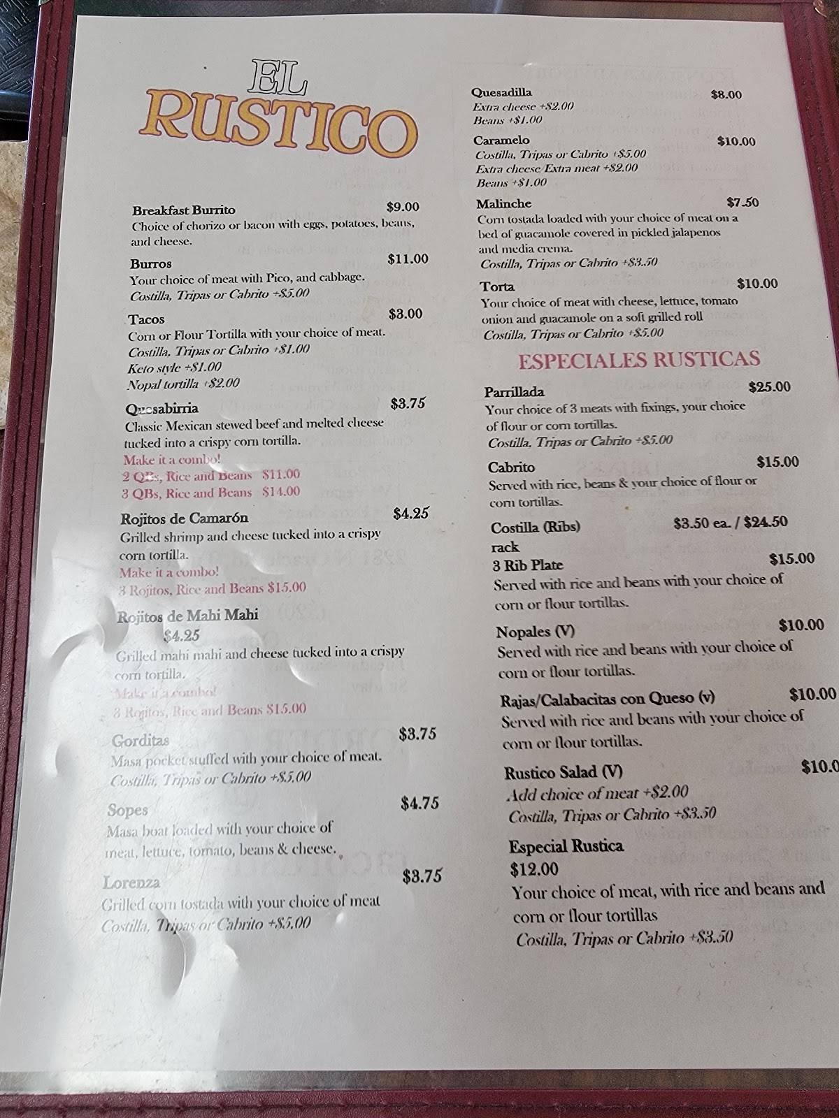 Menu at El Taco Rustico restaurant, Tucson, N Oracle Rd