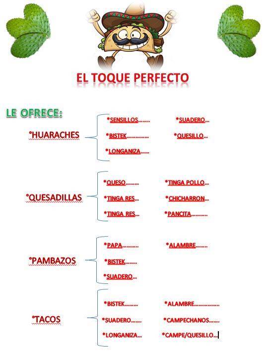 Carta del restaurante El Toque Perfecto, Mexico