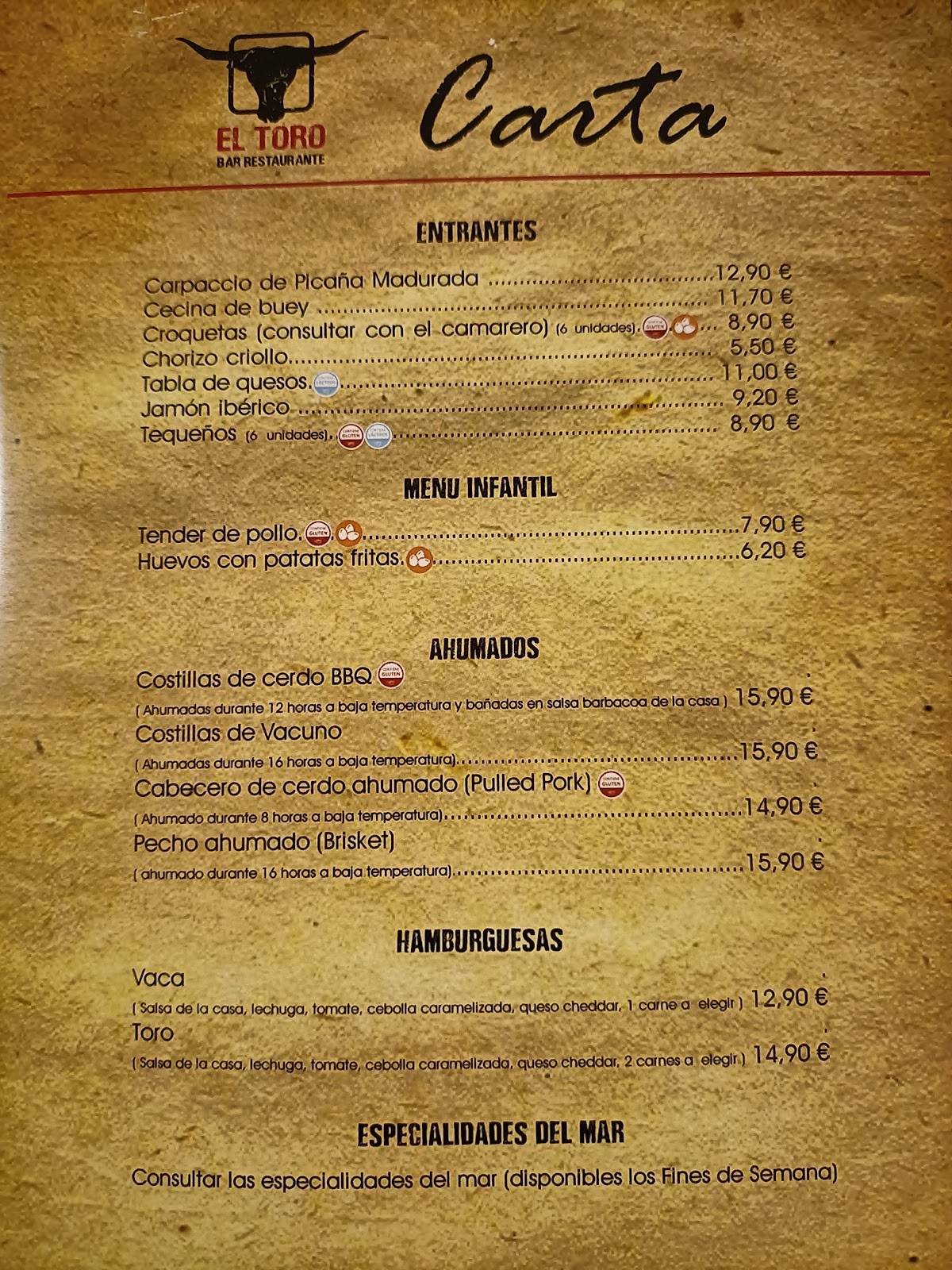 Carta de El Toro Bar Restaurante, Valladolid