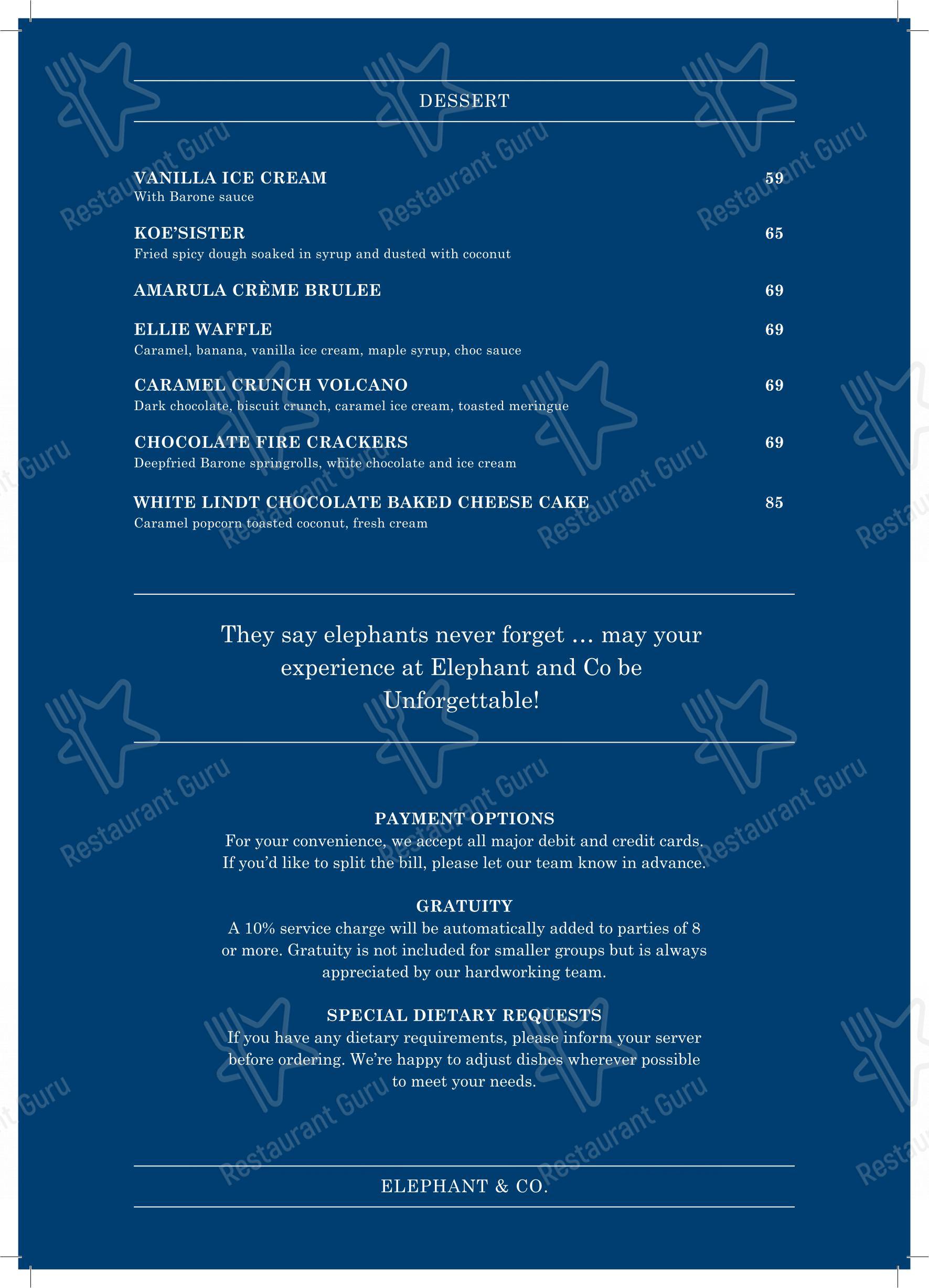 Menu at Elephant & Co Athlone restaurant, Pietermaritzburg, Athlone Circle