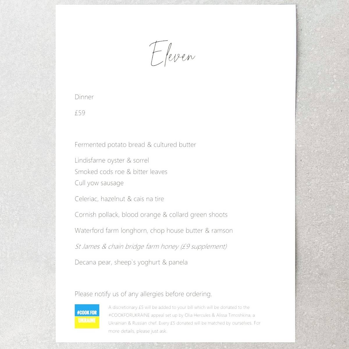Menu at Eleven restaurant, Ponteland