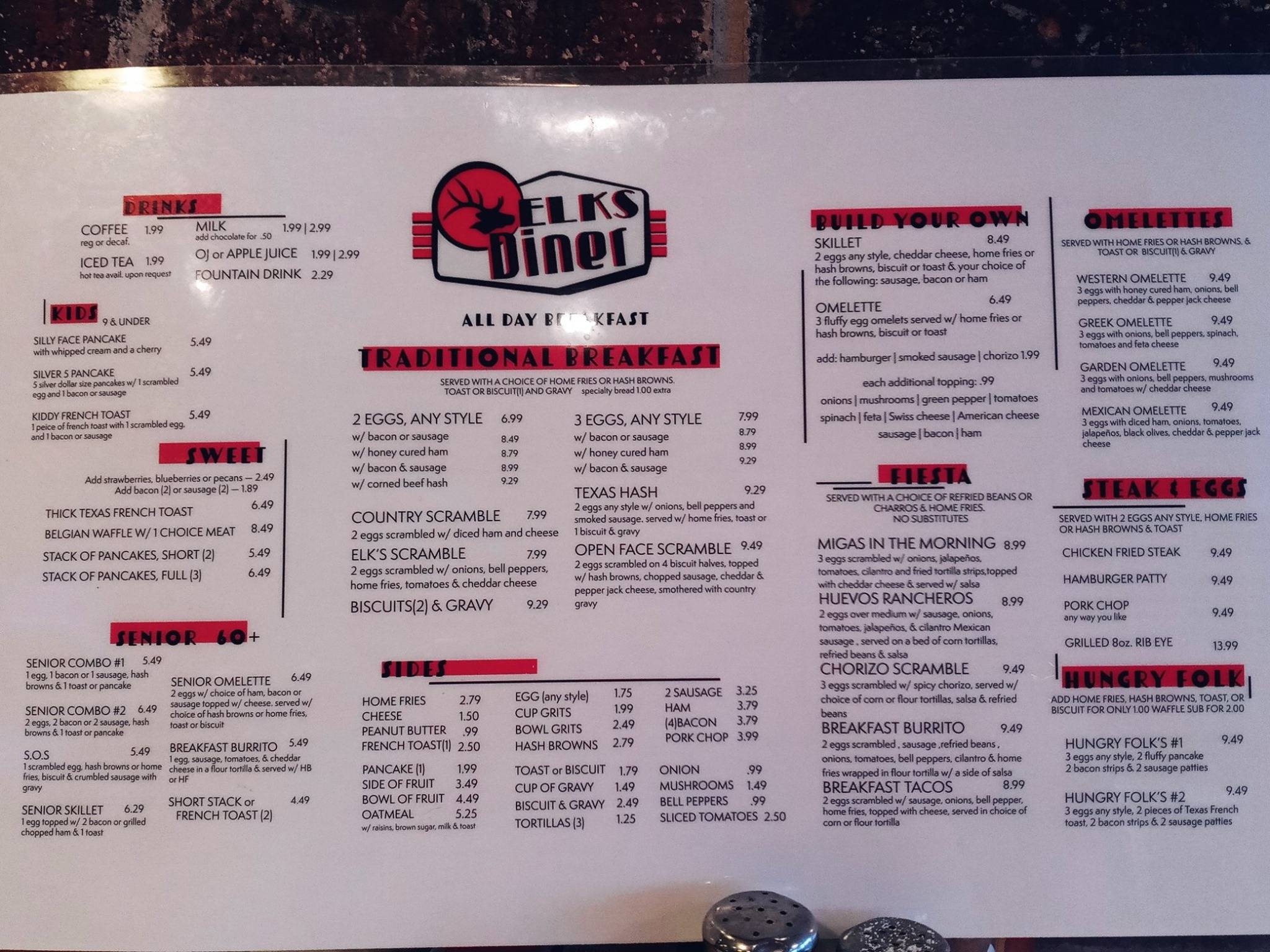 Menu at Elk's Diner restaurant, Burleson