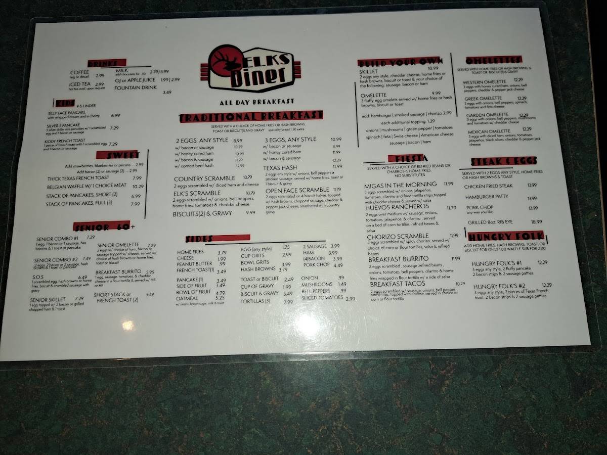 Menu at Elk's Diner restaurant, Burleson
