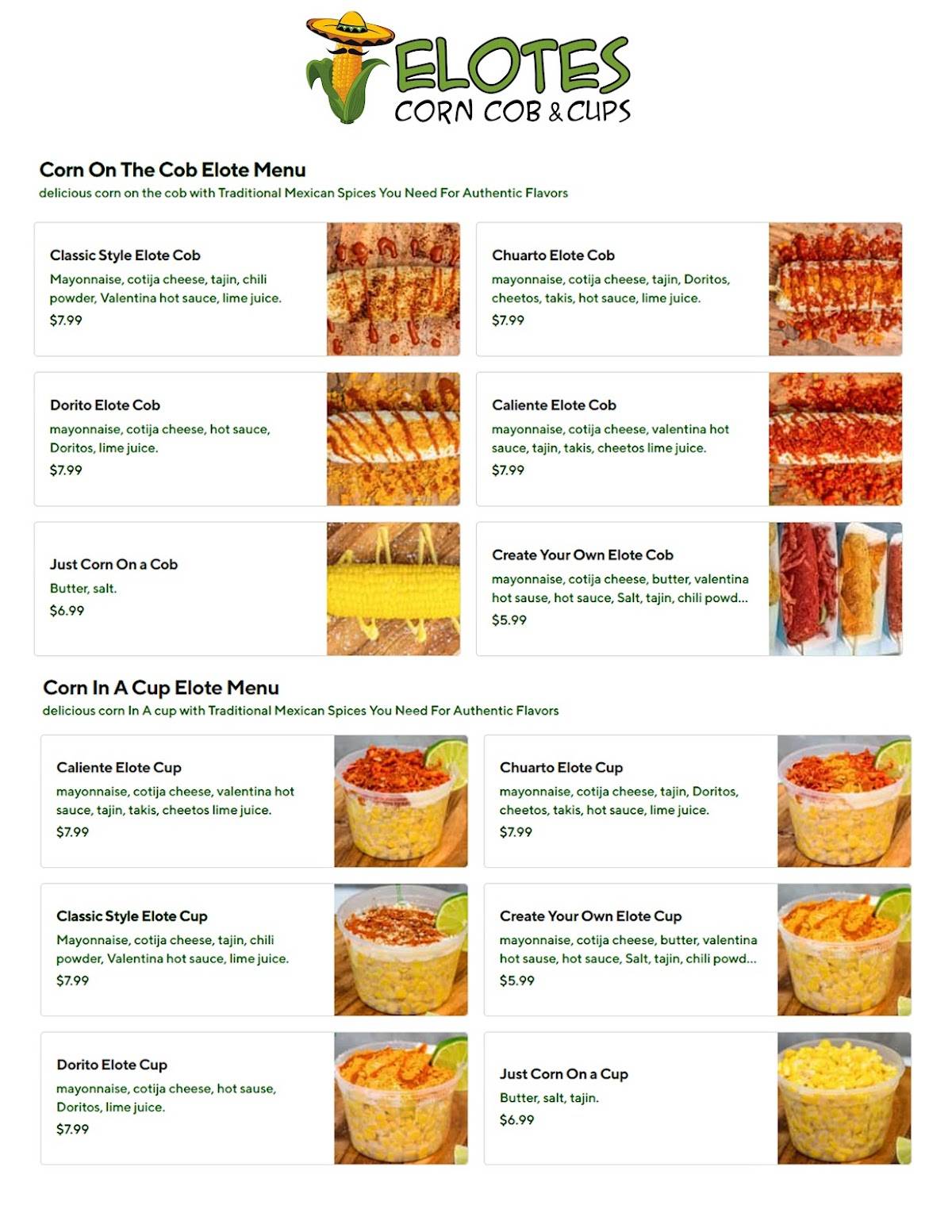 Carta del restaurante Elotes - Corn Cob & Cups At Coral Square Mall ...
