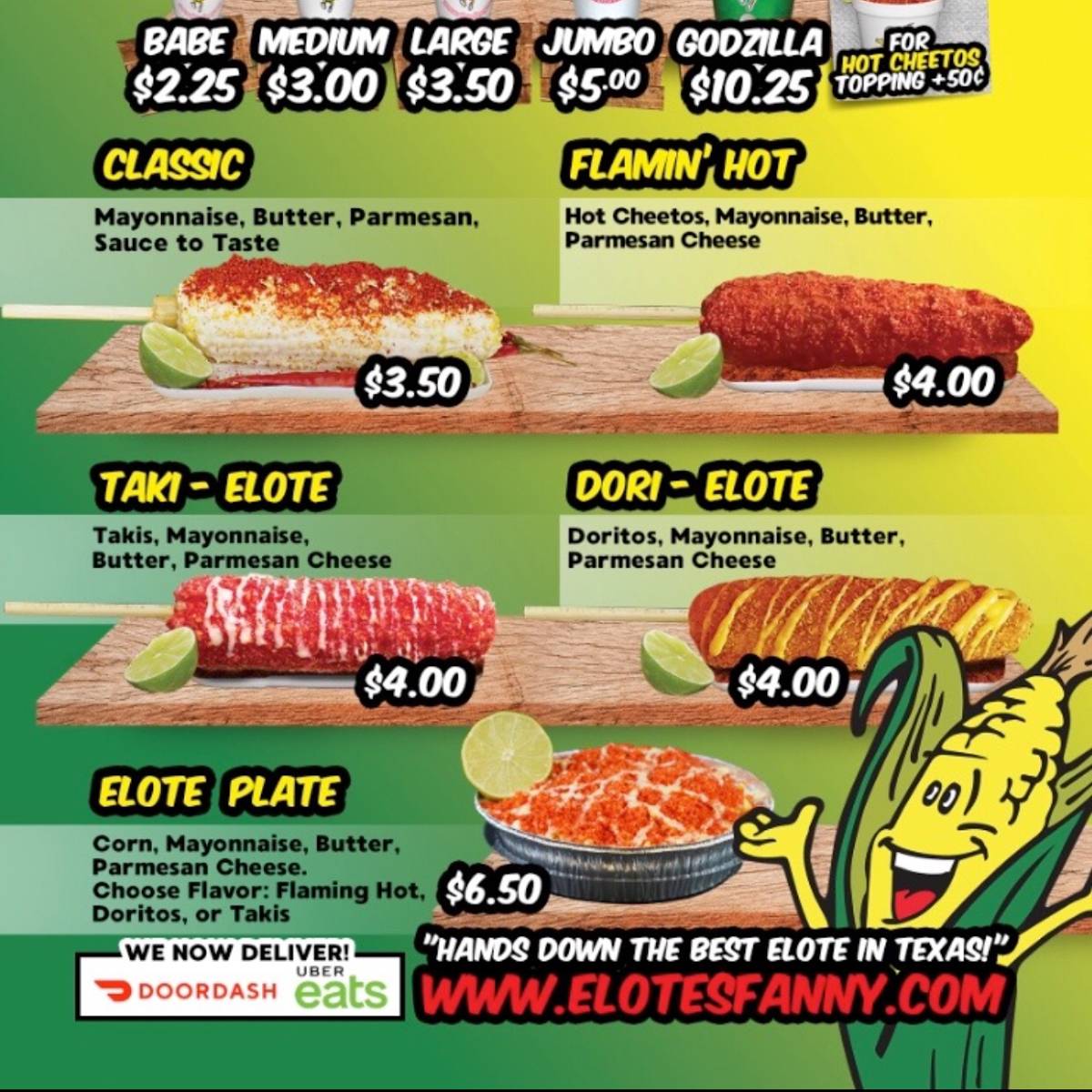 Carta del restaurante Elotes Fanny, Dallas, Spring Valley Rd
