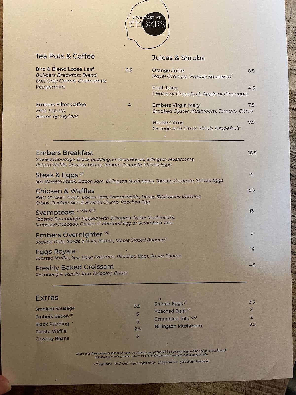 Menu at Embers restaurant, Brighton