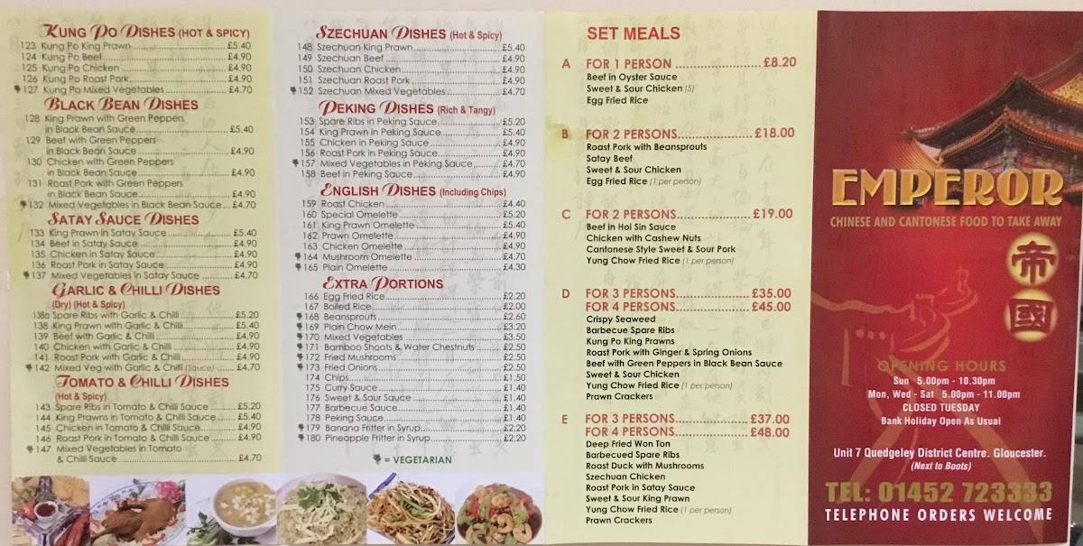 Menu at Emperor Chinese fast food, Gloucester, Unit 7